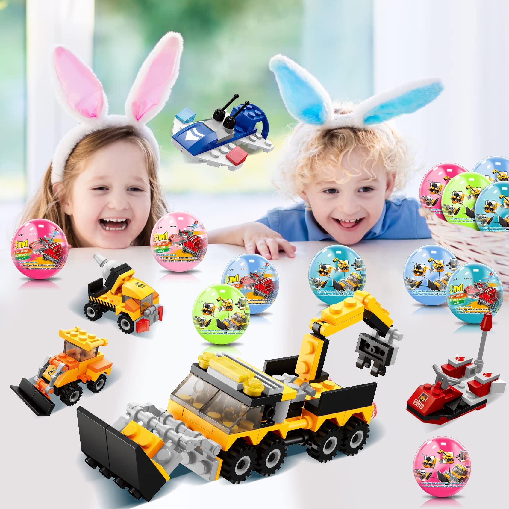 Prefilled Easter Eggs Kids Gift: 12 Easter Eggs Filled with Car & Helicopter Building Blocks Toys | 2.8" Easter Eggs for Easter Basket Stuffers | Surprise Toys Filled Eggs Hunt Easter Party Favor