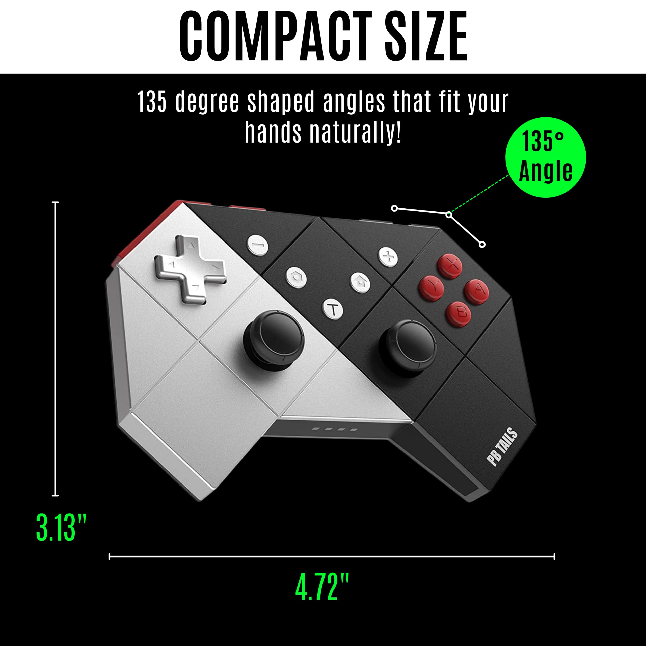 PB TAILS CHOC Portable Android Gaming Controller | Wireless Bluetooth Game Controller for Nintendo Switch, PC, STEAM | Retro Controller Gift Idea | Turbo-Mode, Motion Control, Vibration | Black/Silver