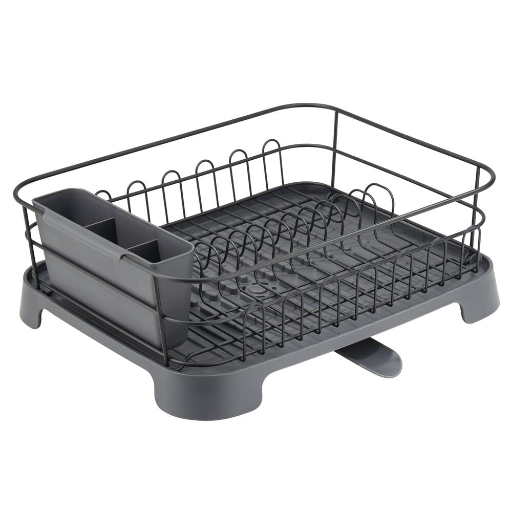 mDesign Alloy Steel Sink Dish Drying Rack Holder with Plastic Swivel Spout Drainboard Tray - Dish Rack/Dish Drainer Storage Organizer for Kitchen Counter - Concerto Collection - Matte Black/Slate