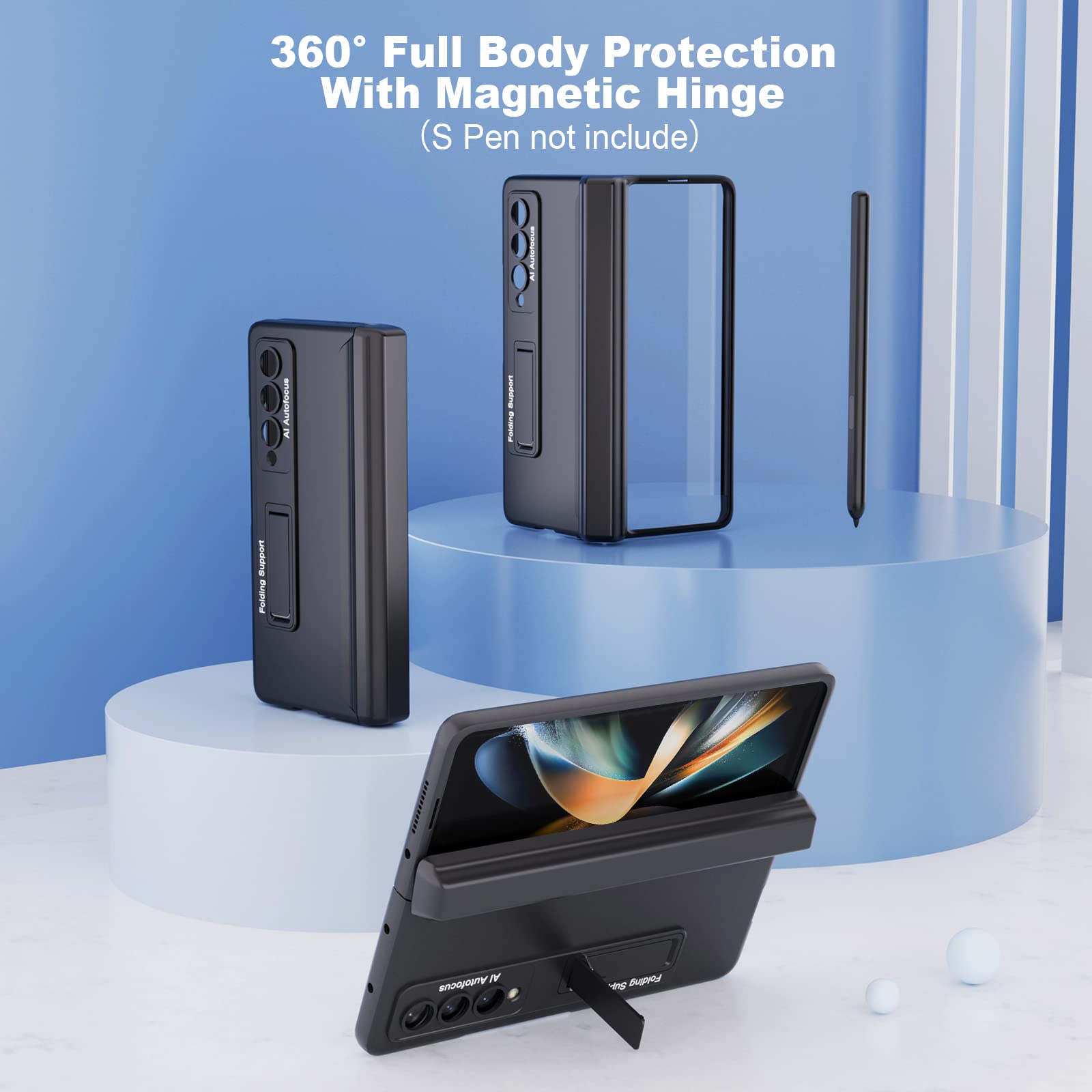 Ni-SHEN for Samsung Galaxy Z Fold 4 Case Hinge Protection Build in Hidden S Pen Holder/Front Tempered Glasss Screen Protector Shield with Kickstand Magnetic Full Protective Cover