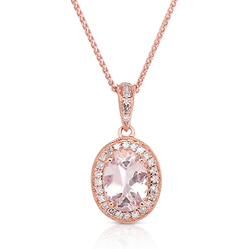KOKAV 925 Sterling Silver Rose Gold Plated Genuine Morganite Oval Diamond Pendant Necklace