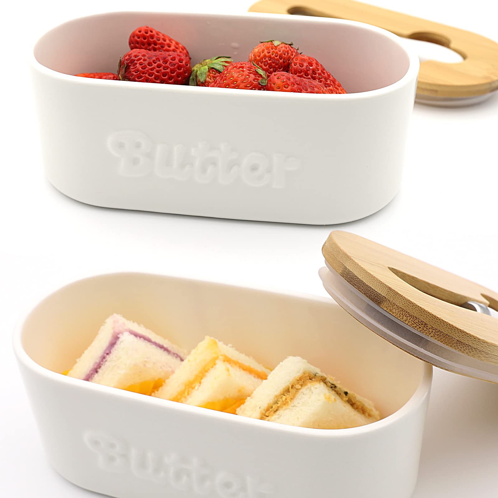 MBR FORCE Ceramic Butter Dish with Lid for Countertop Large White Farmhouse Butter Holder with Knife Butterdish Keeper Container Box