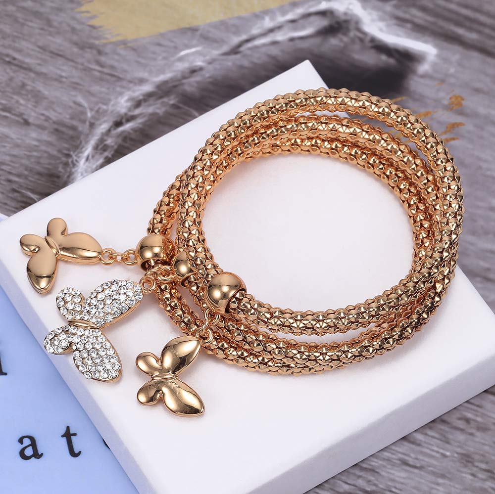 Koleso 3 Pcs/Set Crystal Butterfly Charm Bracelets & Bangles For Women Gold/Silvery Popcorn Chain Bracelets Adjustable Without Deformed - Silver