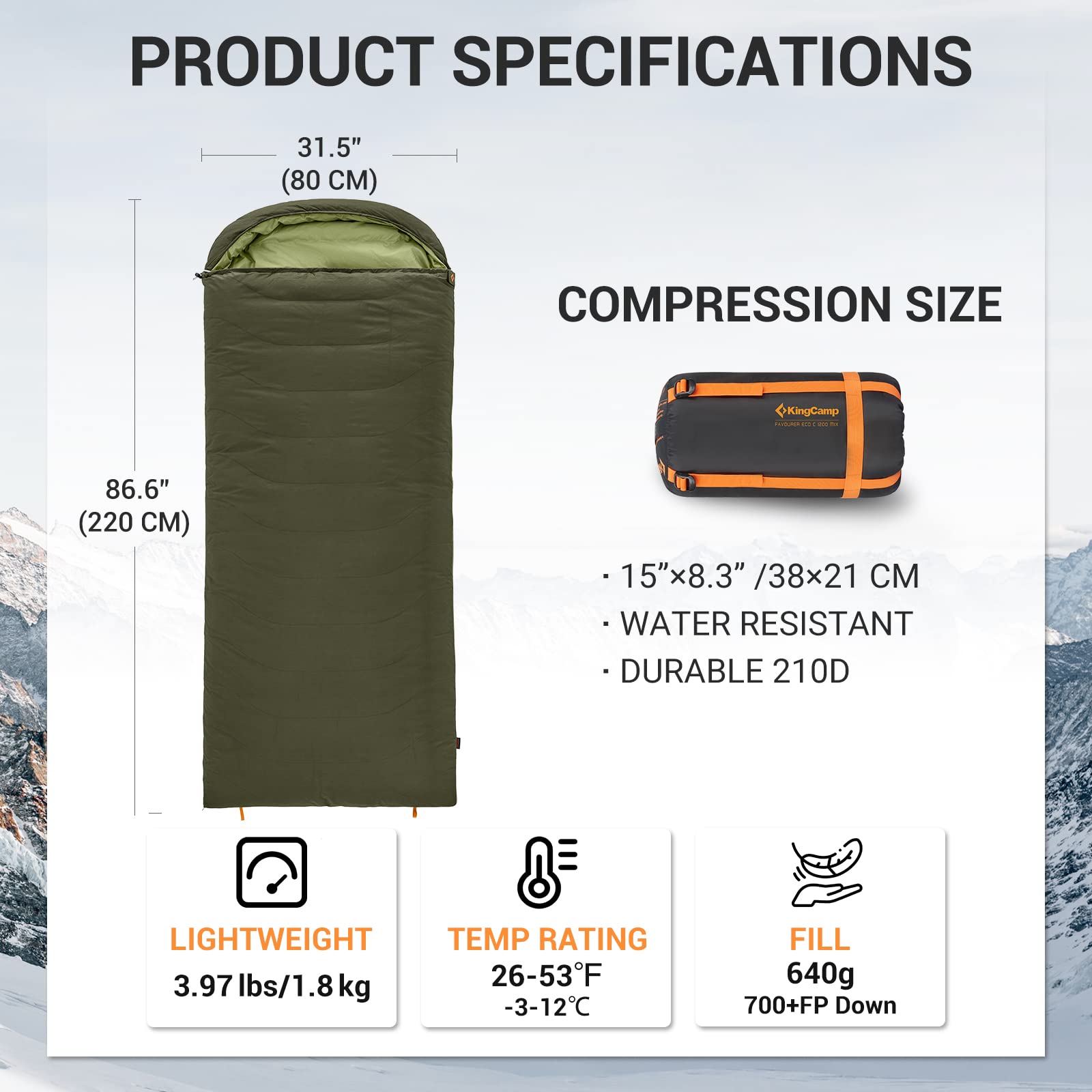 KingCamp Camping Sleeping Bag for Adults, Made from 100% Recycled Material 20 Degree 700+ Fill Power Down Sleeping Bags, Lightweight Backpacking Sleeping Bag for Hiking & Outdoor with Compression Sack