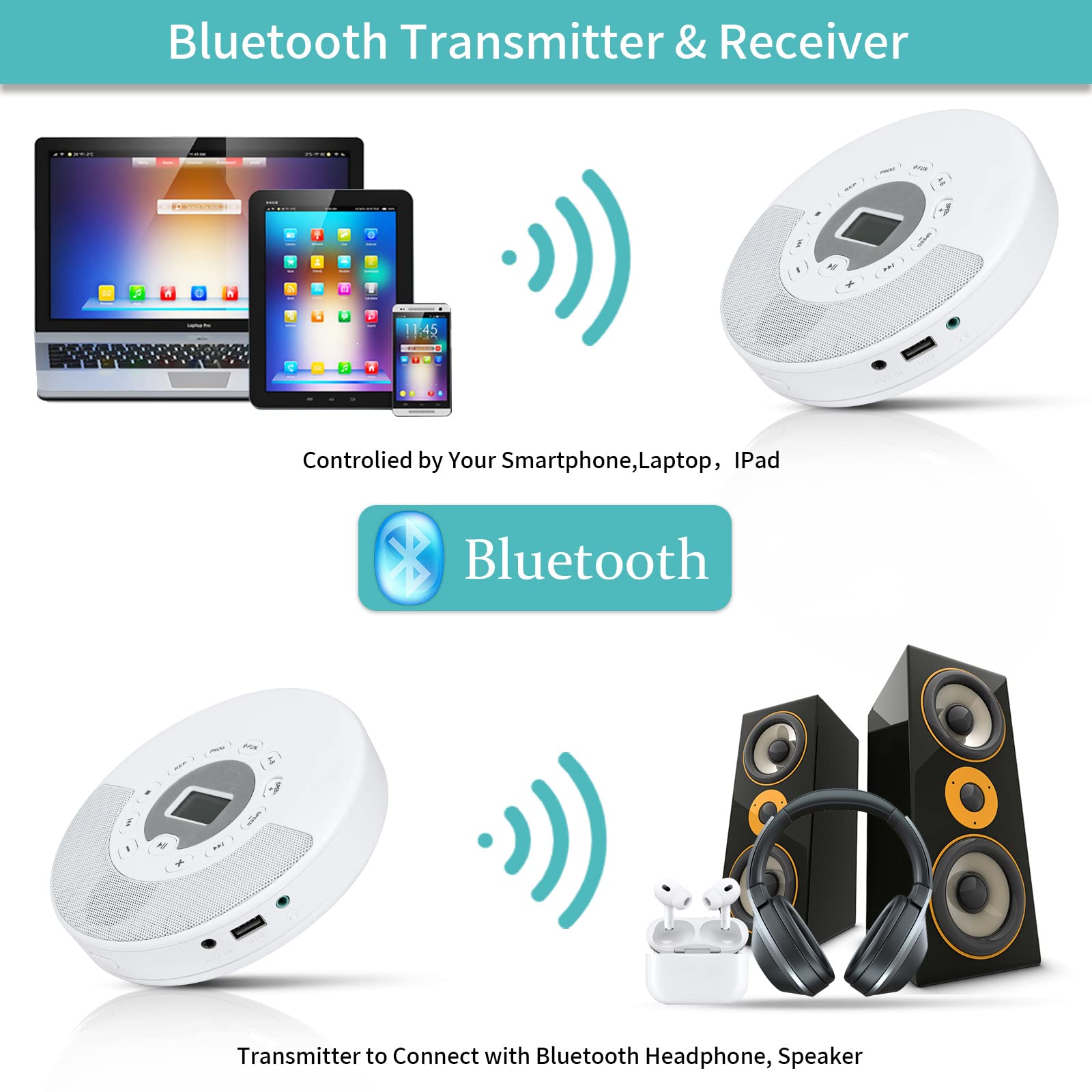 Portable CD Player with Speakers - Bluetooth CD Player Portable,Rechargeable Anti-Skip Walkman CD Music Player for Car/Travel with Headphones and AUX Cable,Home Audio Stereo Speaker,2000mAh Battery