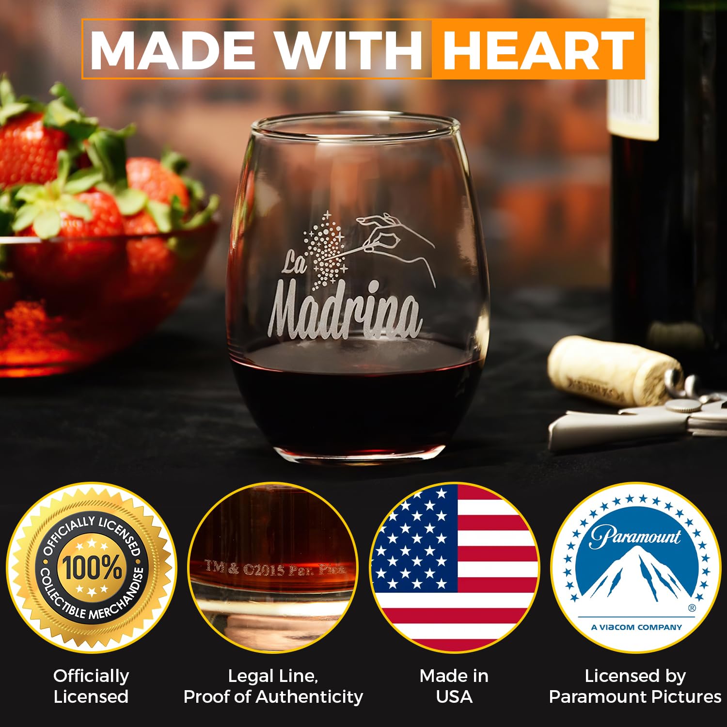 La Madrina Etched Stemless Wine Glass - Premium Quality, Handcrafted Glassware, 15 oz. - A Collectible Gift for Godparents, Birthdays, & Special Occasions