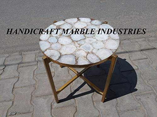Natural White Agate Stone Round 24" x 24" Inch Table with Gold Foil Border & Metal Base, White Agate Stone Coffee Table & Metal Stand, White Agate Coffee Table, Piece Of Conversation, Family HeirLoom