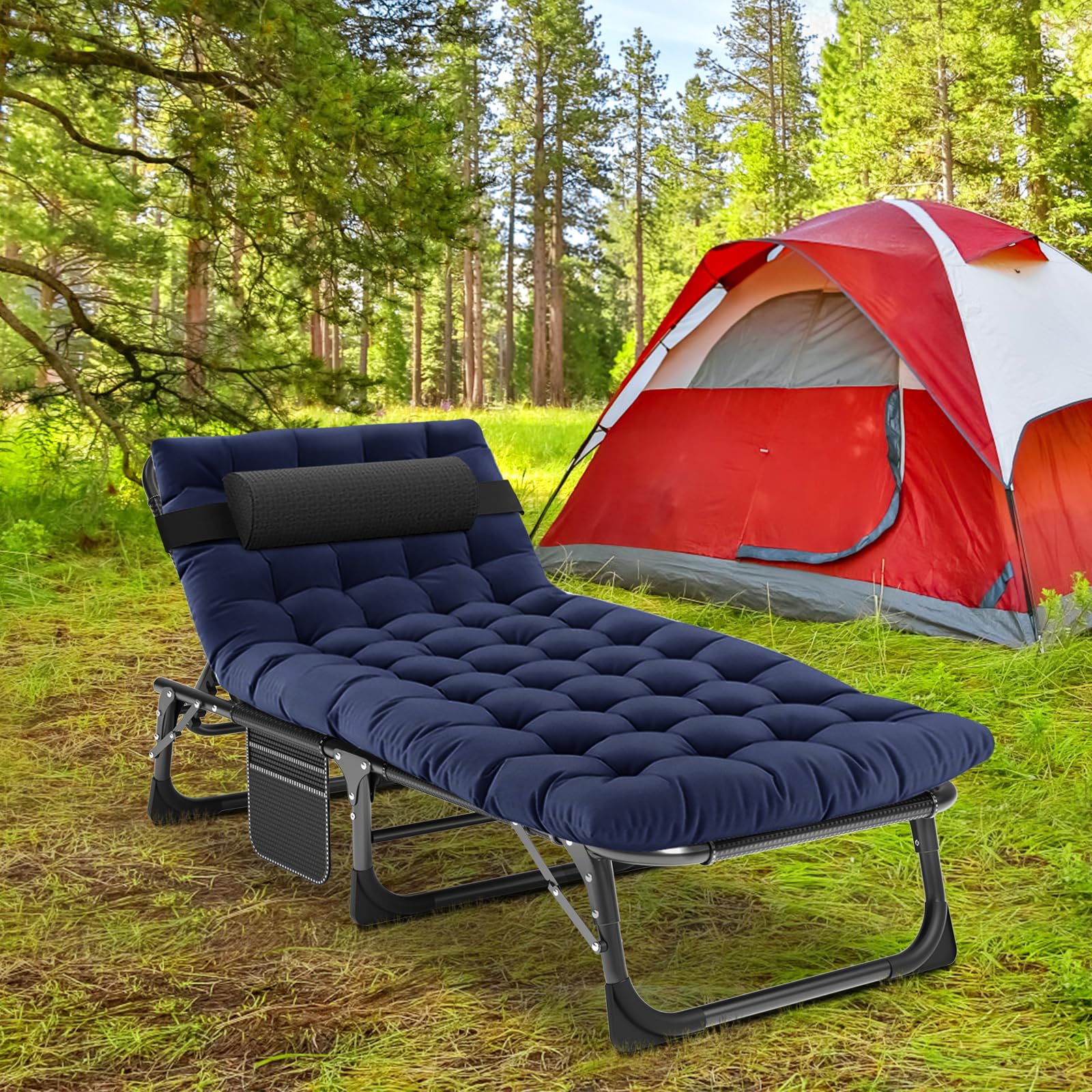LILYPELLE Portable Folding Camping Cot, Adjustable 4-Position Adults Reclining Folding Chaise with Pillow, Outdoor Portable Folding Lounge Chair Sleeping Cots Bed for Camping, Pool, Beach, Patio
