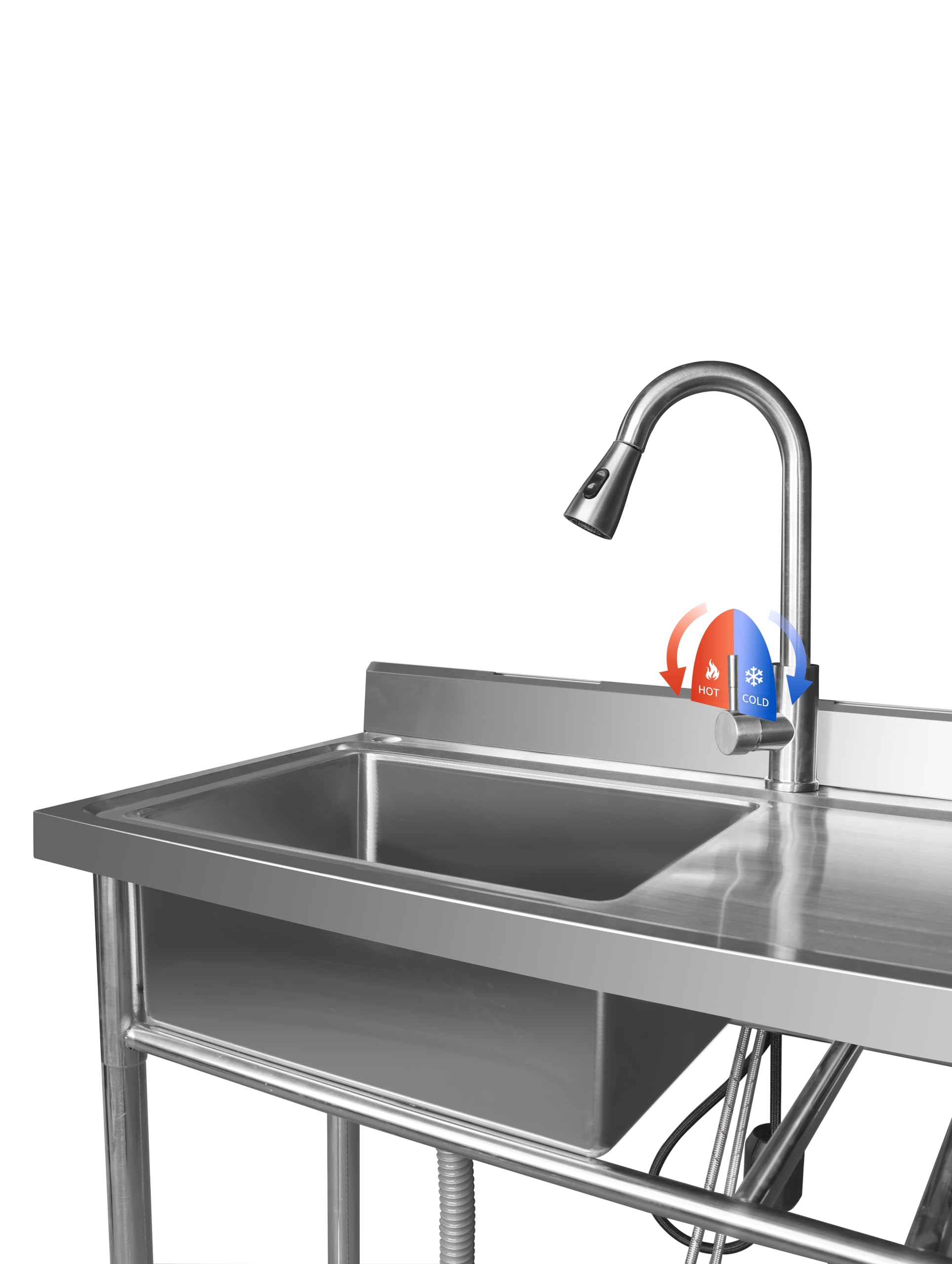 Qian Kun Free 304 Standing Stainless Steel Sink Utility Sink (Pull Down Sprayer & Drain Pipe) FreeStanding Outdoor Kitchen Sinks 47.2 * 19.7 * 35.4 Left Single Bowl Commercial Restaurant Sink NSF