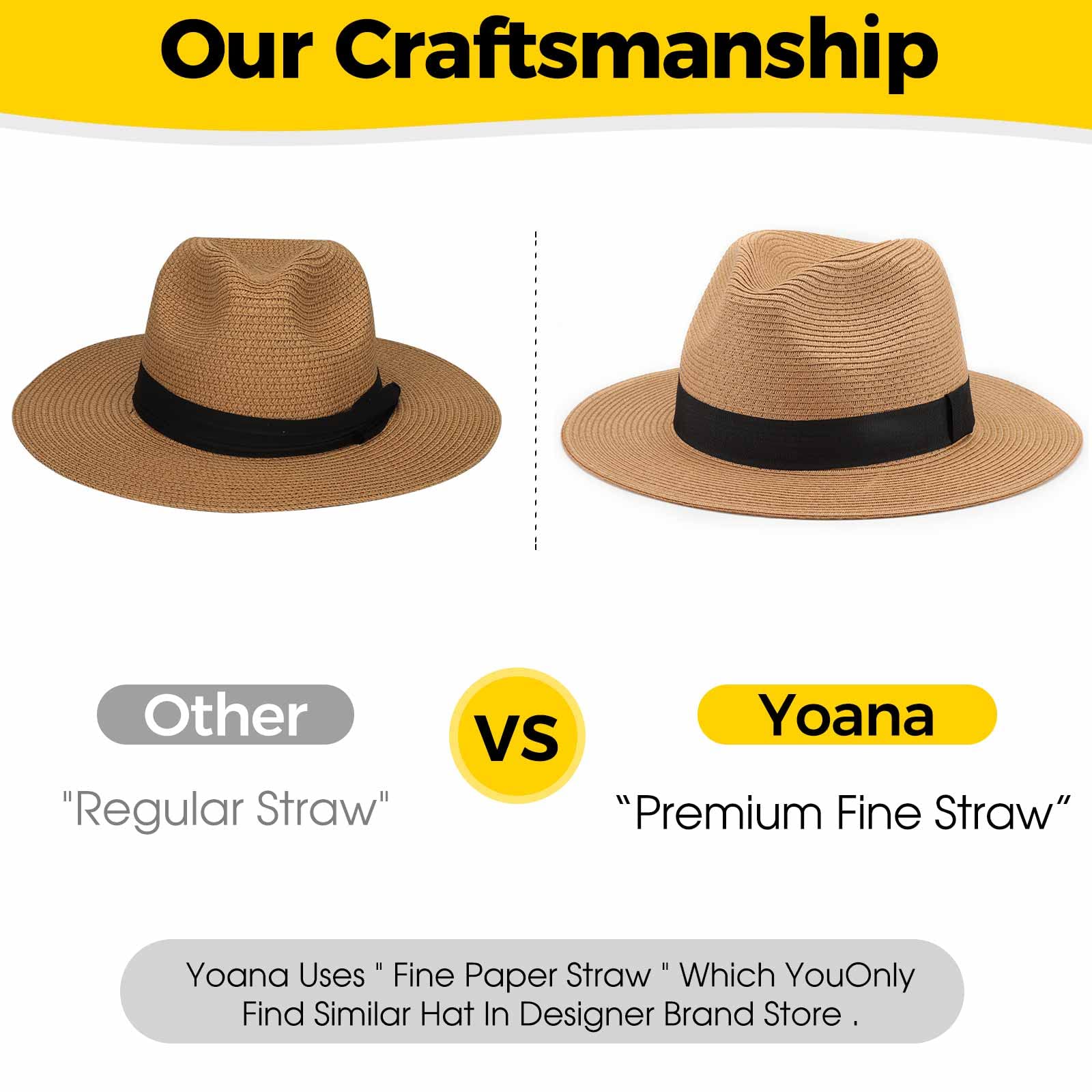 Panama hat, Foldable Wide Brim Straw Summer Beach Sun Cap UPF50+ for Unisex Khaki