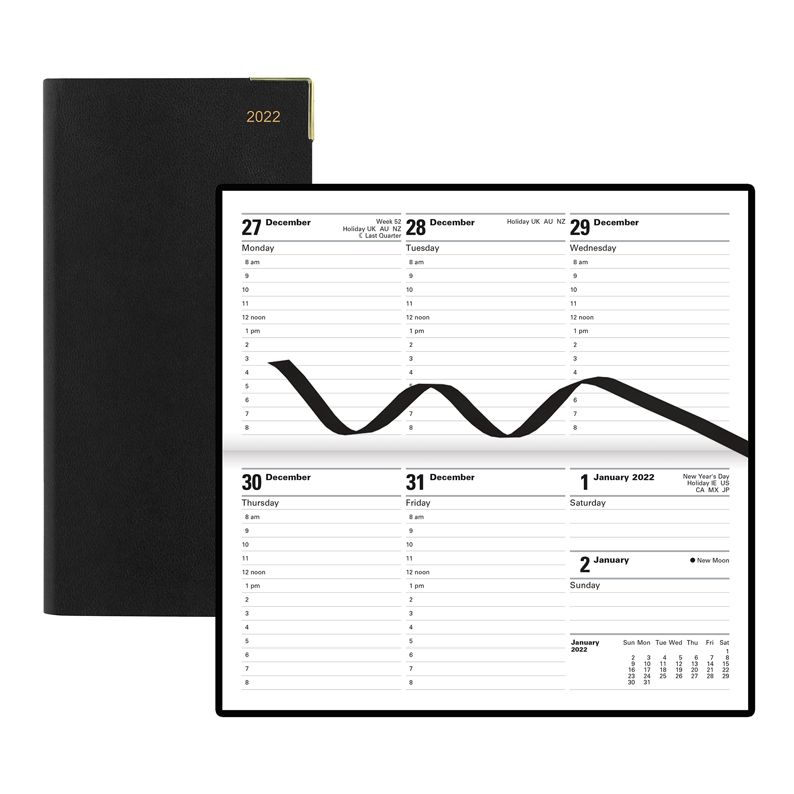LETTS Classic Weekly/Monthly Planner, 12 Months, January to December, 2022, Week-to-View with Appointments, Gold Corners, Horizontal, 6.625" x 3.25", Black (C32SBK-22)