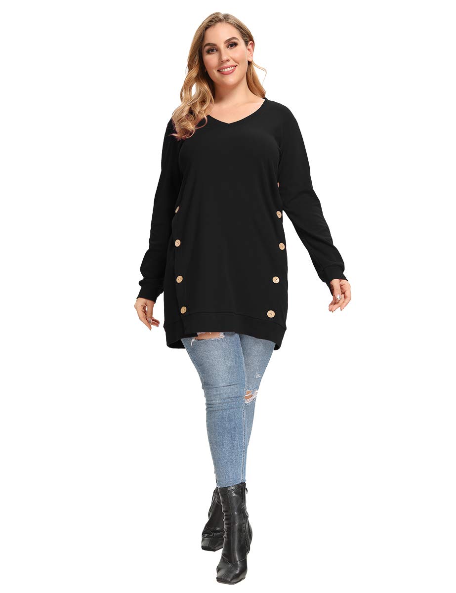 LARACE Plus Size Sweatshirts For Women Tops V-neck Side Split Button Up Shirts Long Sleeve Lightweight T-shirts(Black M)