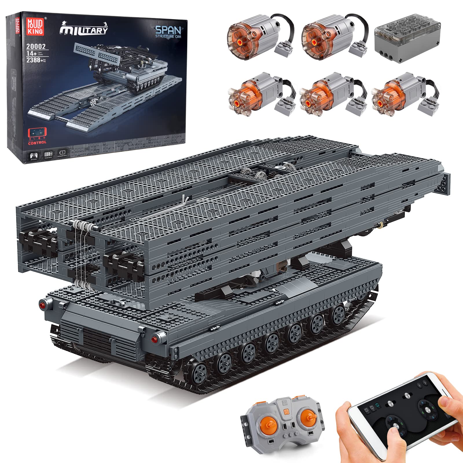Mould King 20002 MOC Technology Tank Bridge Construction Vehicle Building Blocks Model,Type Bridge Layer Remote Control Transporter Tank,Technology Clamping Modules kit with Engines,2388 Pieces