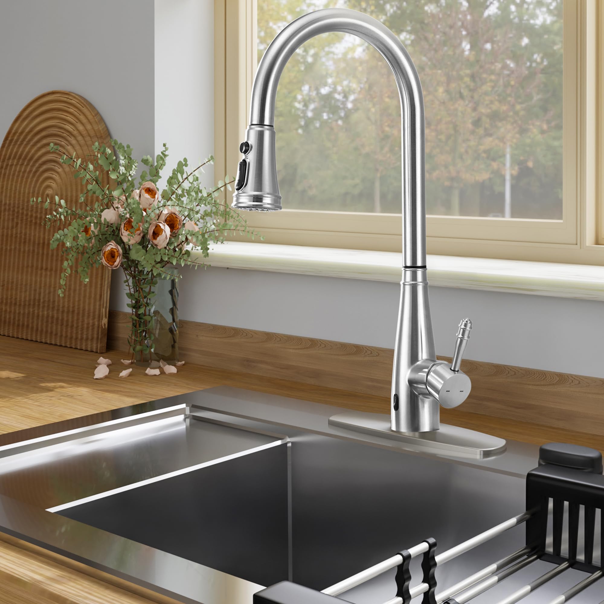 KPAIDA Touchless Kitchen Faucet with Pull Down Sprayer, Brushed Nickel Kitchen Sink Faucet with Deck Plate, Infrared Motion Sensor Smart Stainless Steel Single Handle High Arc Faucet for Kitchen Sink