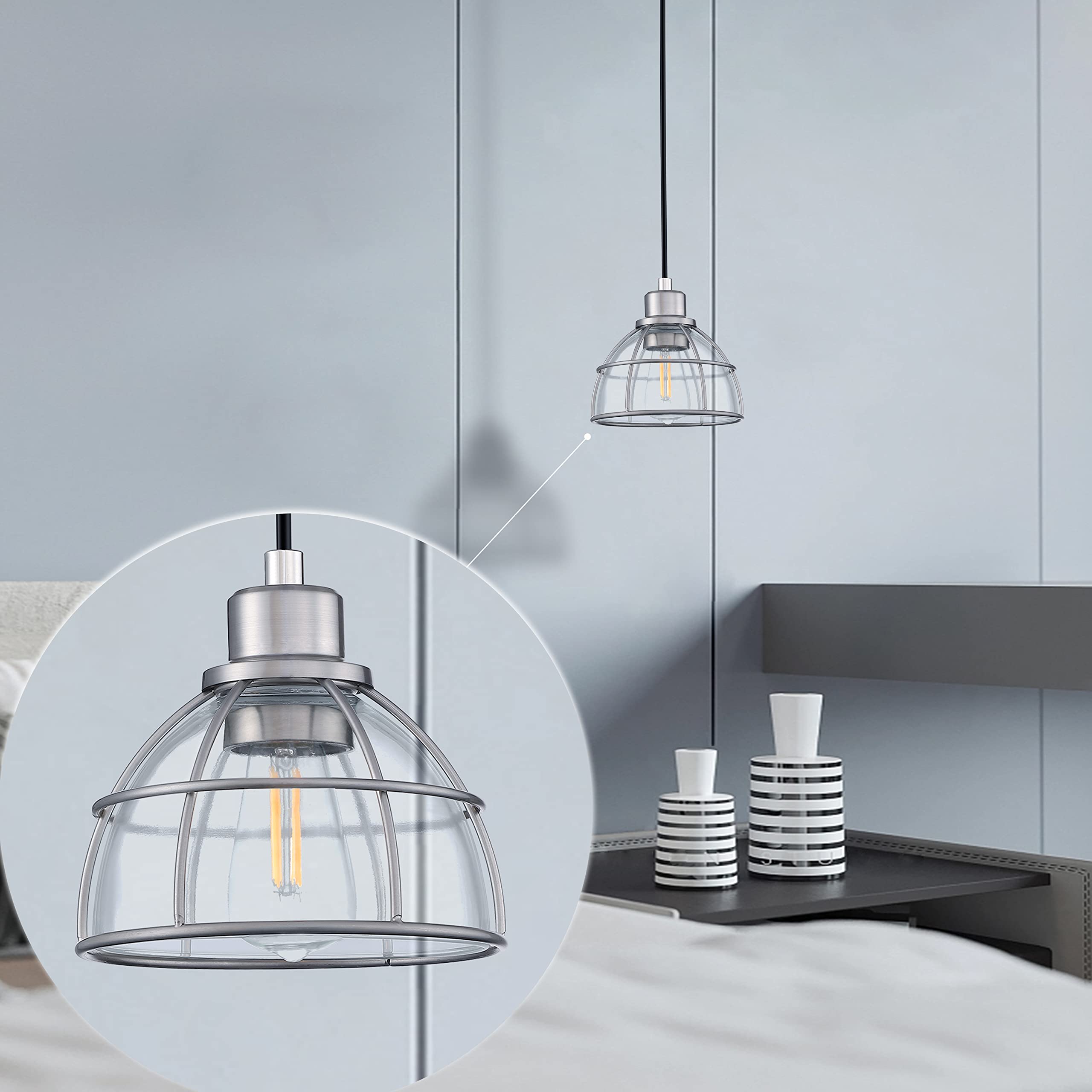Industrial Hanging Drum Indoor Pendant Ceiling Light Kitchen Island Fixtures Brushed Nickel Finish,Metal Shade for Bar Dining Room Corridor Living Room (3 Pack, Clear Glass Pendant Light)