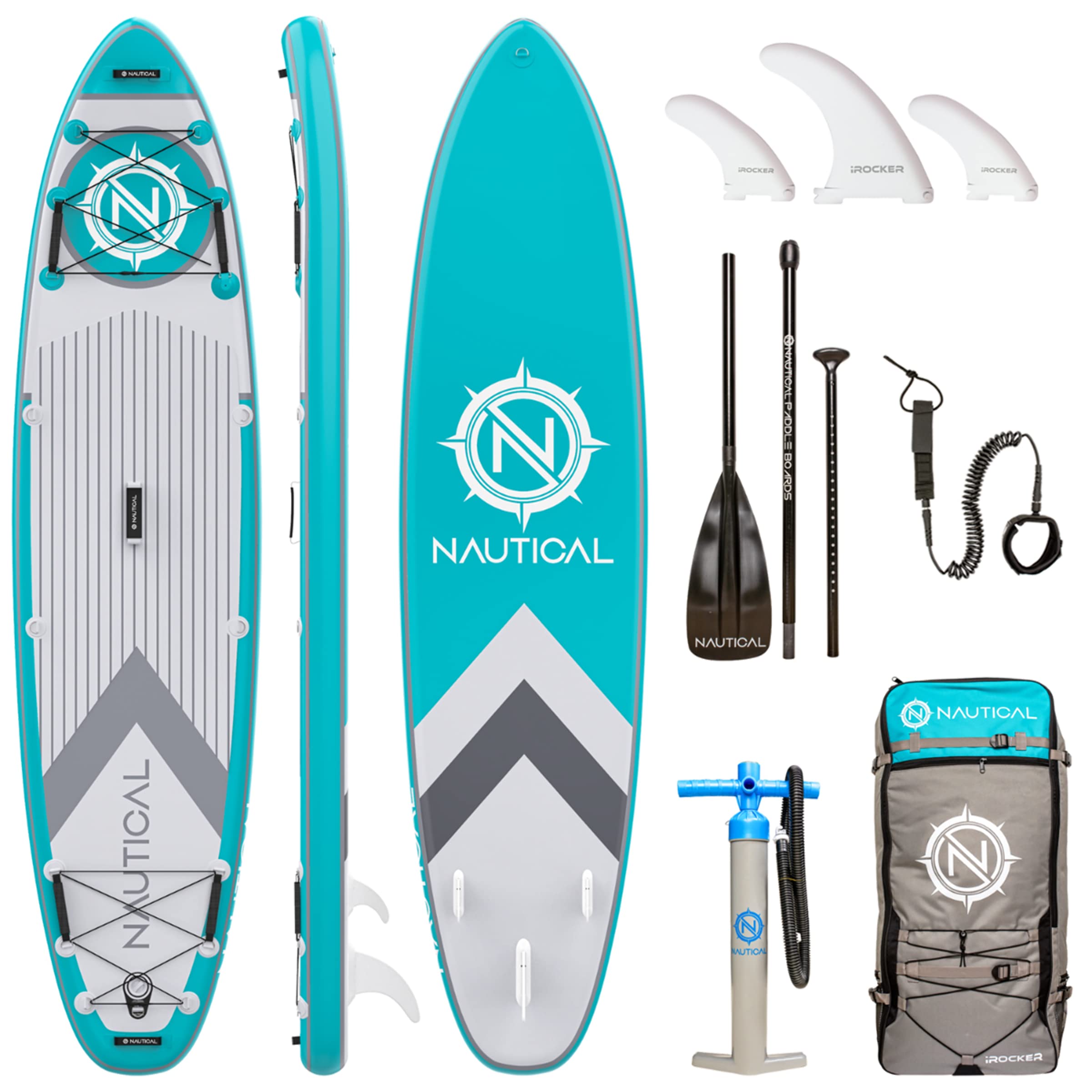iROCKER Nautical Inflatable Stand Up Paddle Board, Superb Maneuverability 11' Long 32" Wide 6" SUP with Premium Bag, Adjustable Paddle, Pump, Leash, Fins & Repair Kit, Teal