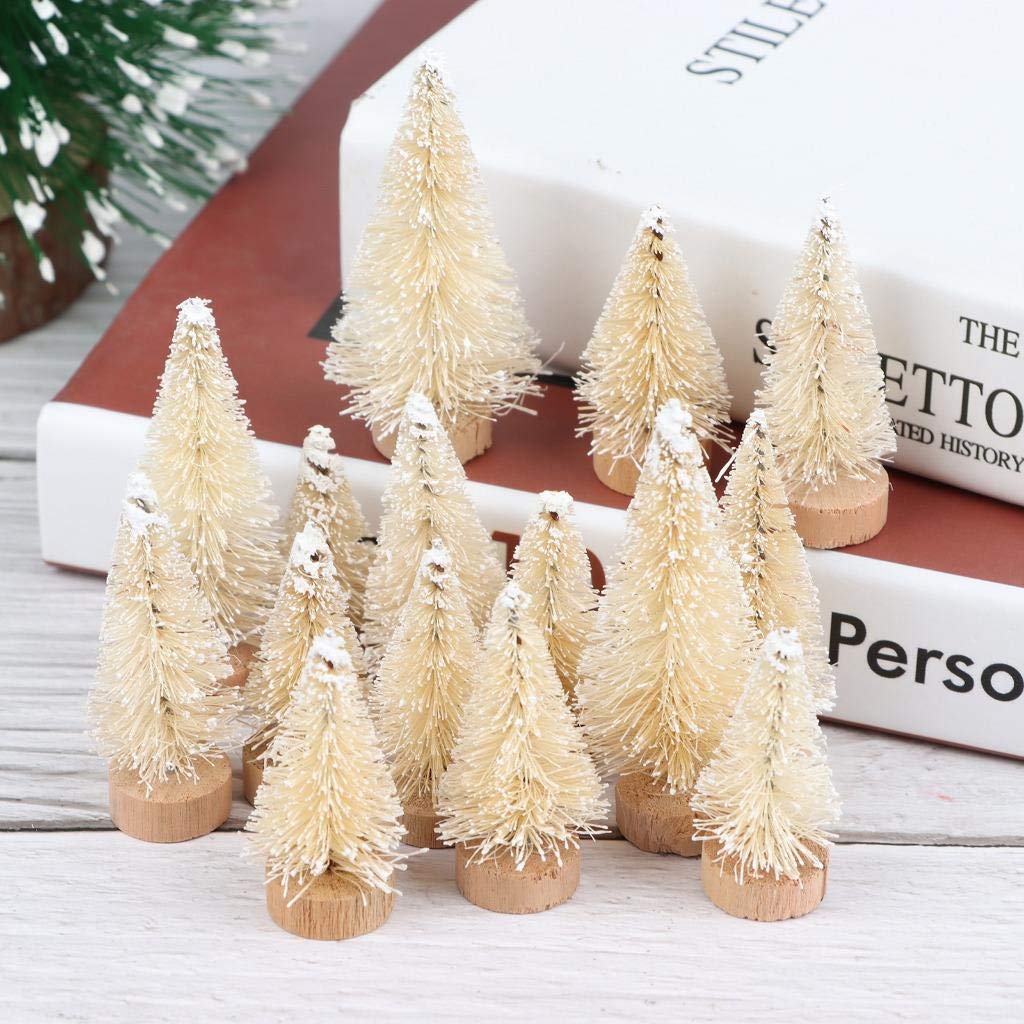 Ioffersuper 12Pcs Mini Sisal Trees with Wood Base Artificial Christmas Pine Trees Bottle Brush Trees for Winter Snow Miniature Scenes DIY Christmas Crafts Xmas Holiday Home Desk Tabletop Decor