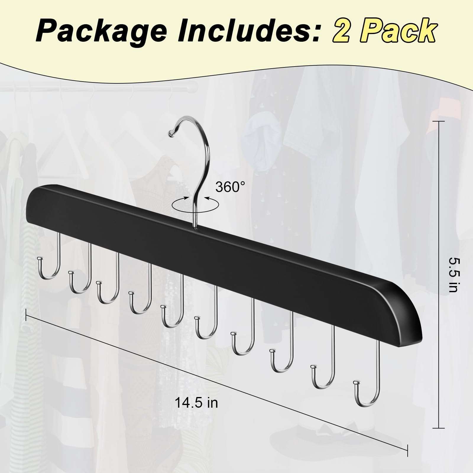 RESOVO 2 Pack Hat Hanger for Baseball Caps, Space Saving Hat Organizer w/ 10 Stainless Steel Hooks, Wooden Hats Rack Holder - Closet Storage Solution, No Mark Left Behind Black