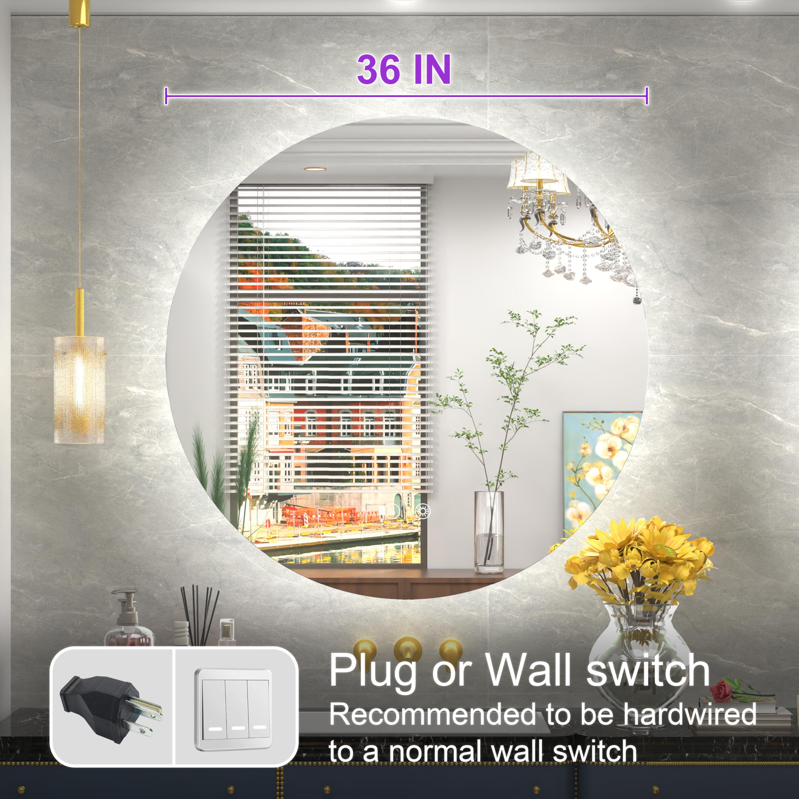 JSneijder 2-Piece LED Bathroom Mirror 36 Inch Backlit Round Mirror & 28x36 Inch Rectangular Framed Mirror, Wall Mounted Dimmable Anti-Fog