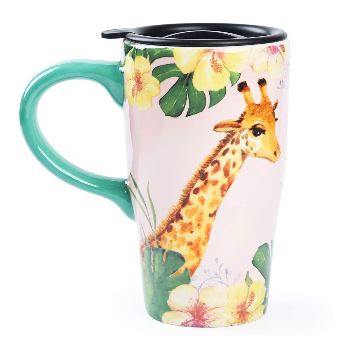 Minigift Ceramic Coffee Mug,Travel Cup with Lid,Handmade Milk Mug 16oz-Giraffe