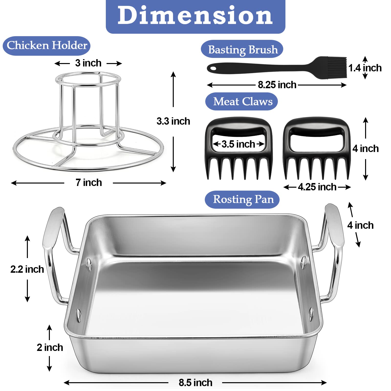 LIANYU Roasting Pan with Beer Can Chicken Holder, Stainless Steel Roaster Pan for Grill Smoker or Oven, Heavy Duty Lasagna Veggies Cooking Tray, Plus Meat Claws & Brush, Dishwasher Safe, 5 Pieces