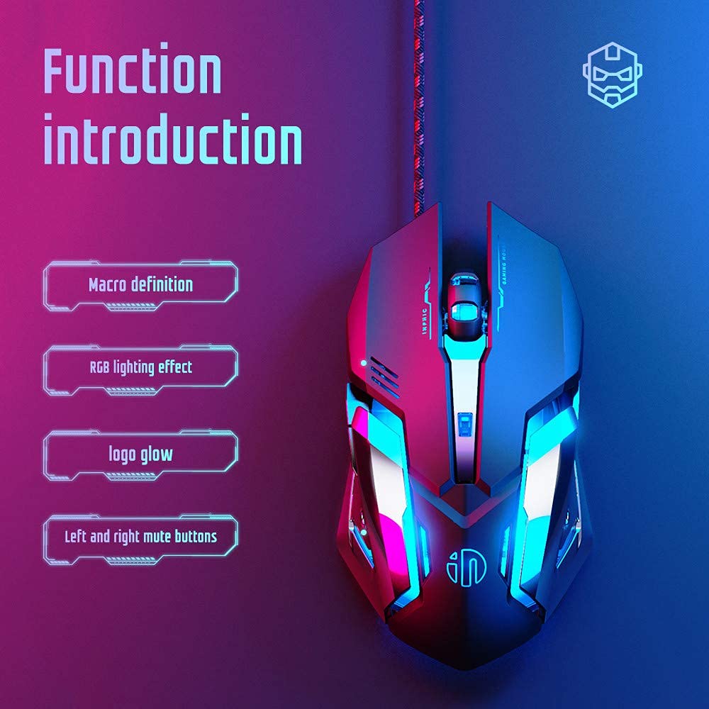 Inphic Gaming Mouse Wired, Ergonomic Game USB Computer Mice RGB Gamer Desktop Laptop PC Gaming Mouse, 7 Programmable Buttons for Windows 7/8/10/XP Vista Linux
