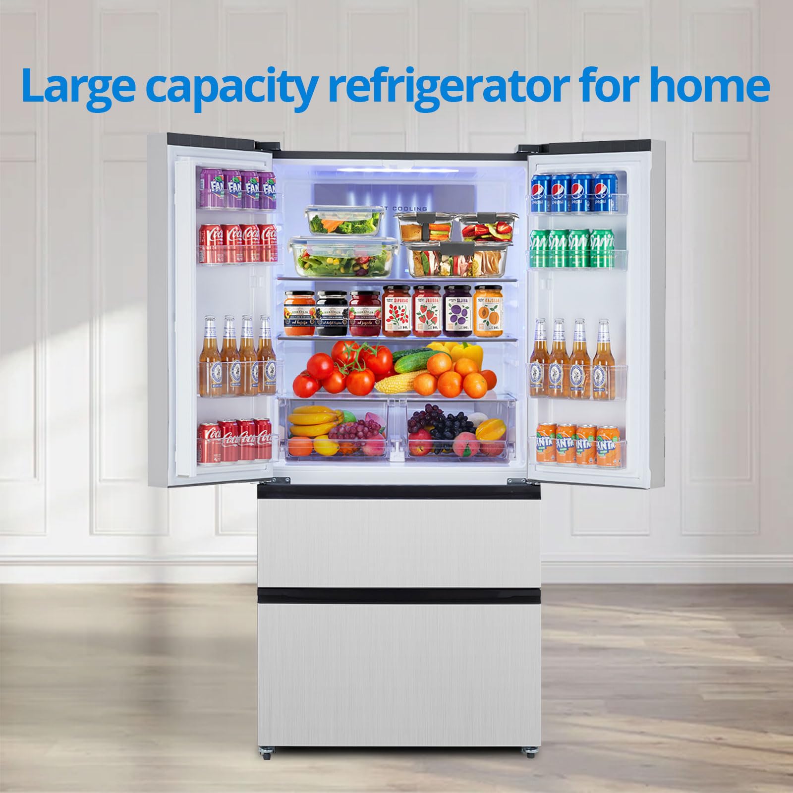 Towallmark French Door Refrigerator, 18.8Cu.Ft Refrigerator, 4 Door Full Size Counter Depth Stainless Steel Refrigerators, Digital Temperature Controls Kitchen Fridge, Auto Defrost