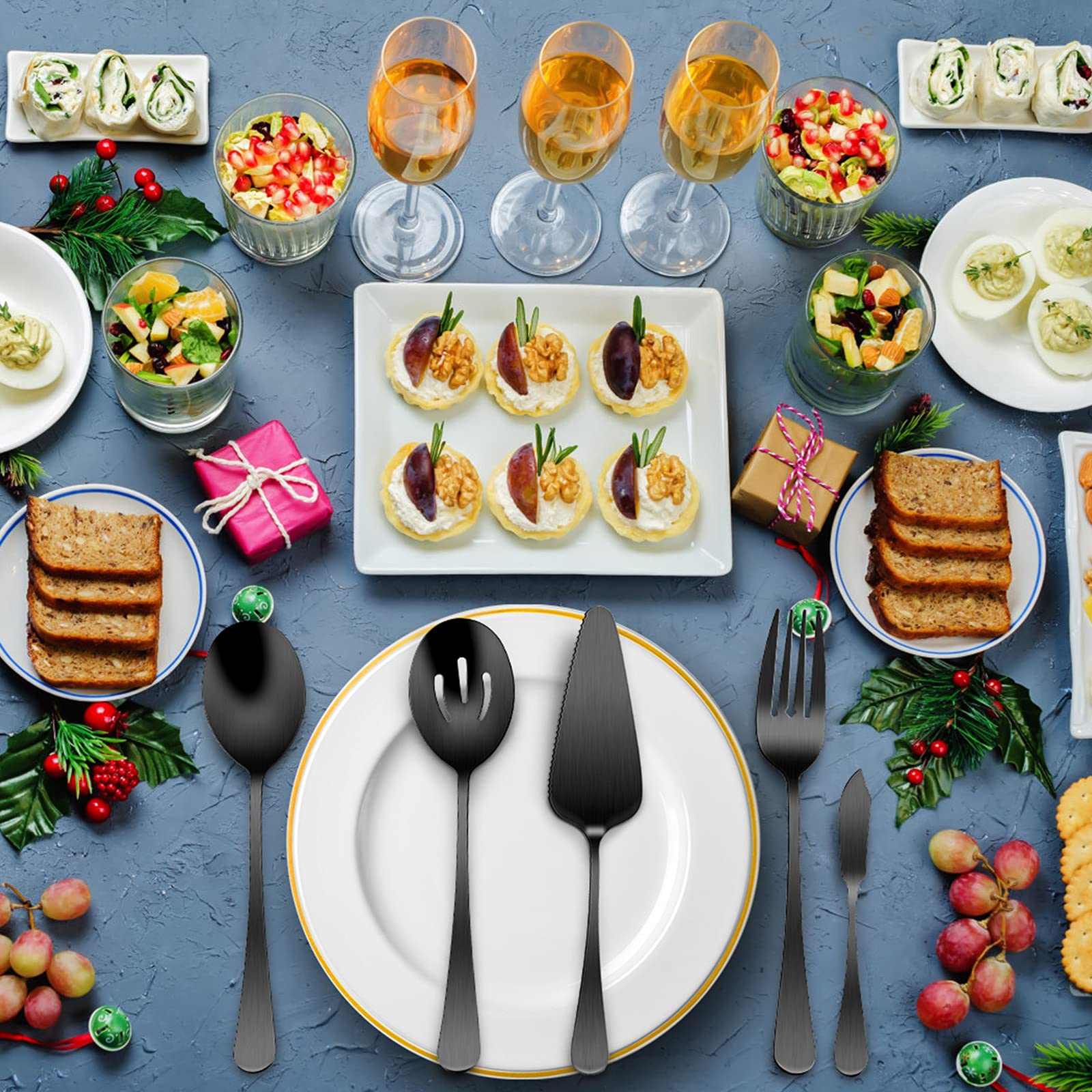 Matte Black Serving Utensils HaWare 5-Piece Stainless Steel Hostess Serving Set for Party Kitchen Restaurant, Satin Finished, Include Spoons, Slotted Spoon, Forks, Pie Server, Butter Knife