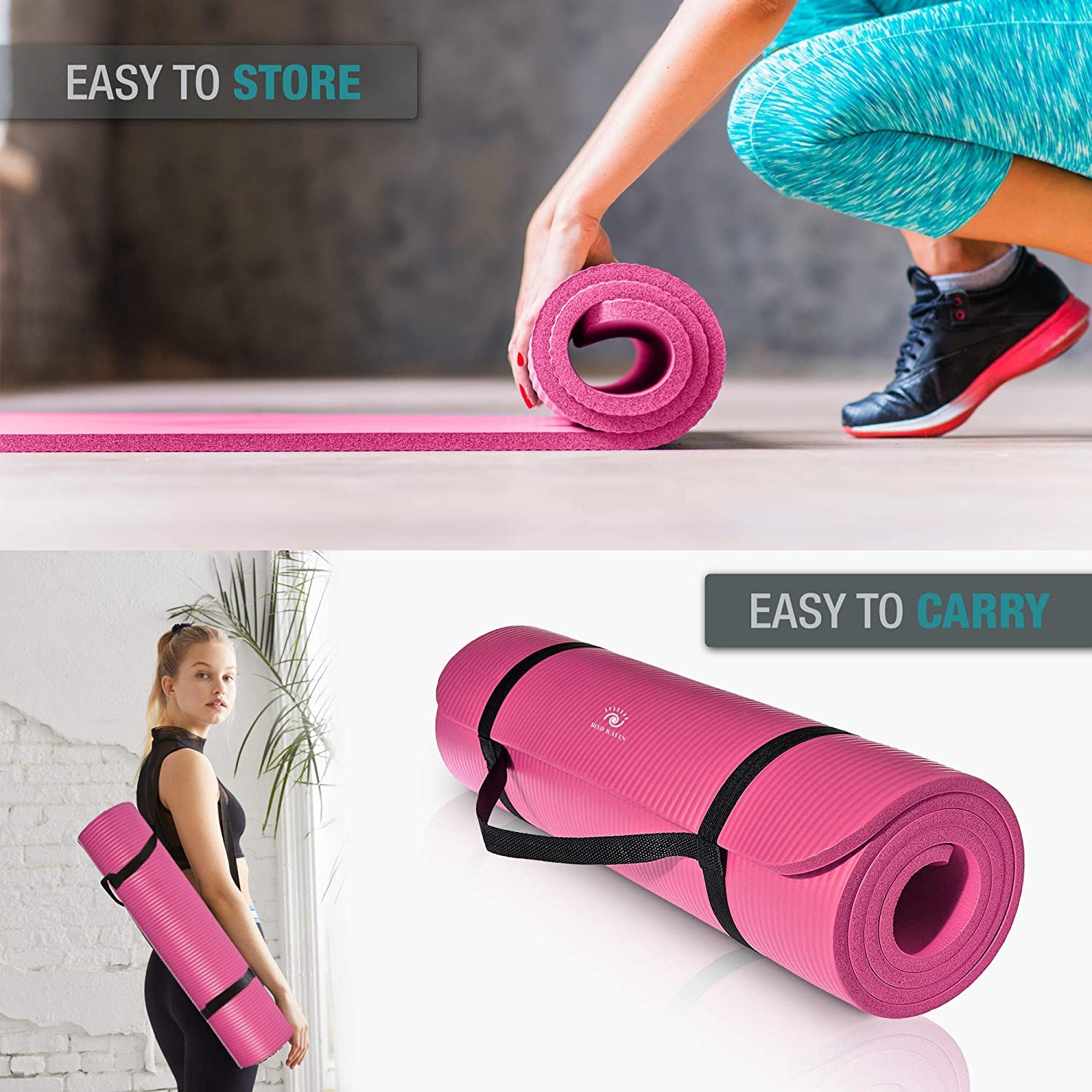 Mind Waves Extra Thick 1/2 inch Yoga Mat Non Slip Eco Friendly Anti- Tear Exercise Mat Strap Included (Pink)