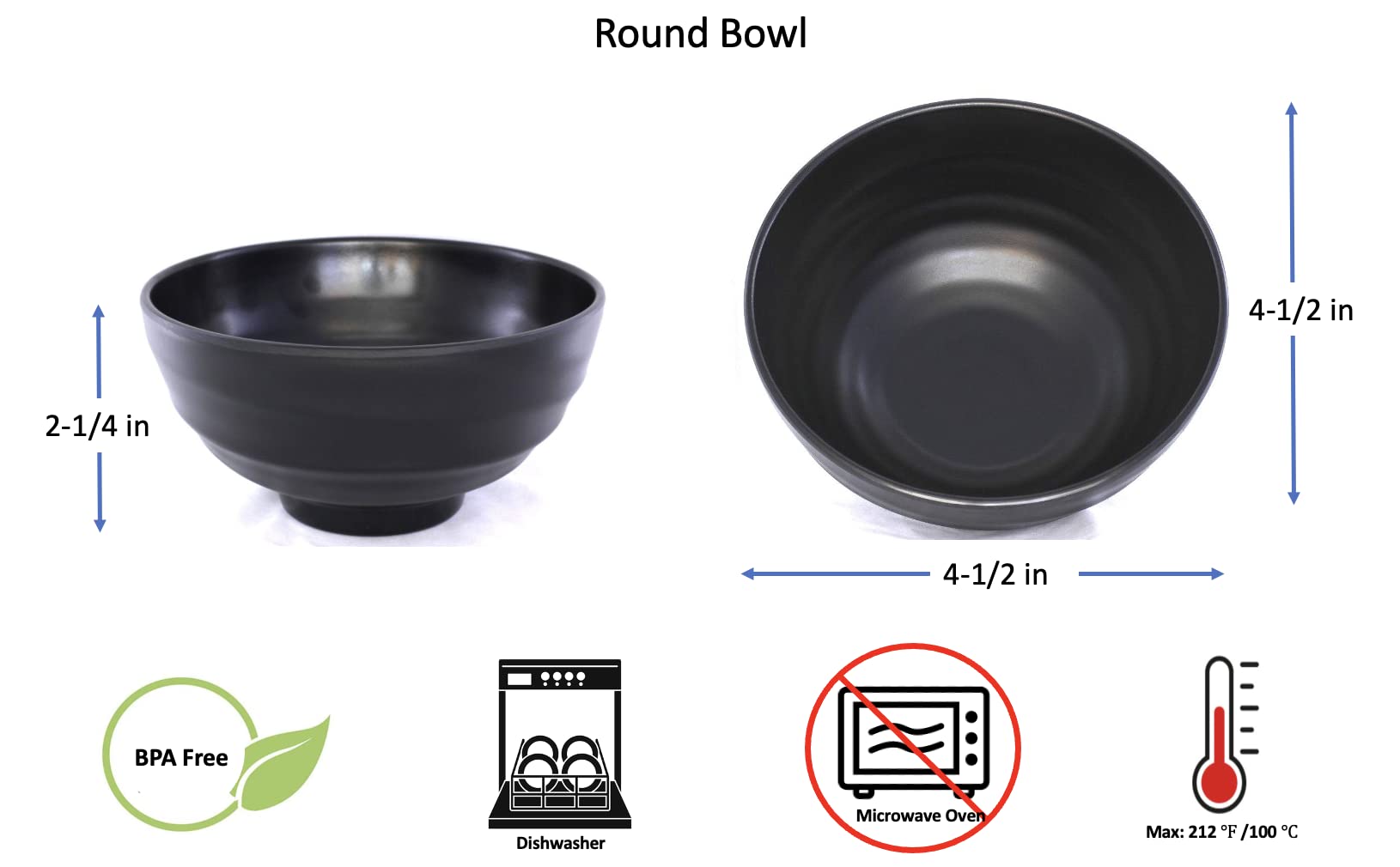 Lucky Star Melamine Round Bowls Ramen Pho Noodle Soup Wonton Soup Rice Bowl, 4-1/2" dia. X 2-1/4β H (Capacity: 10 oz), Black, Swirl Shaped (96, 4-1/2" dia. X 2-1/4β H)