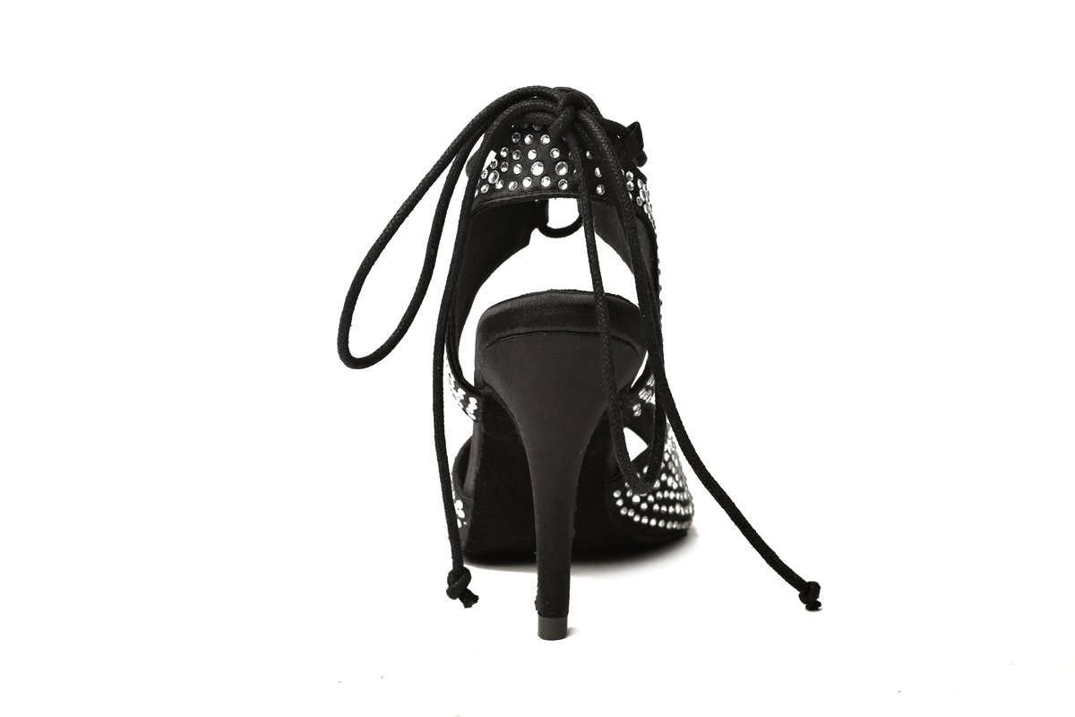 Minishion GL251 Women's Lace-up Crystals Black Satin Latin Dancing Shoes Evening Sandals US 6.5