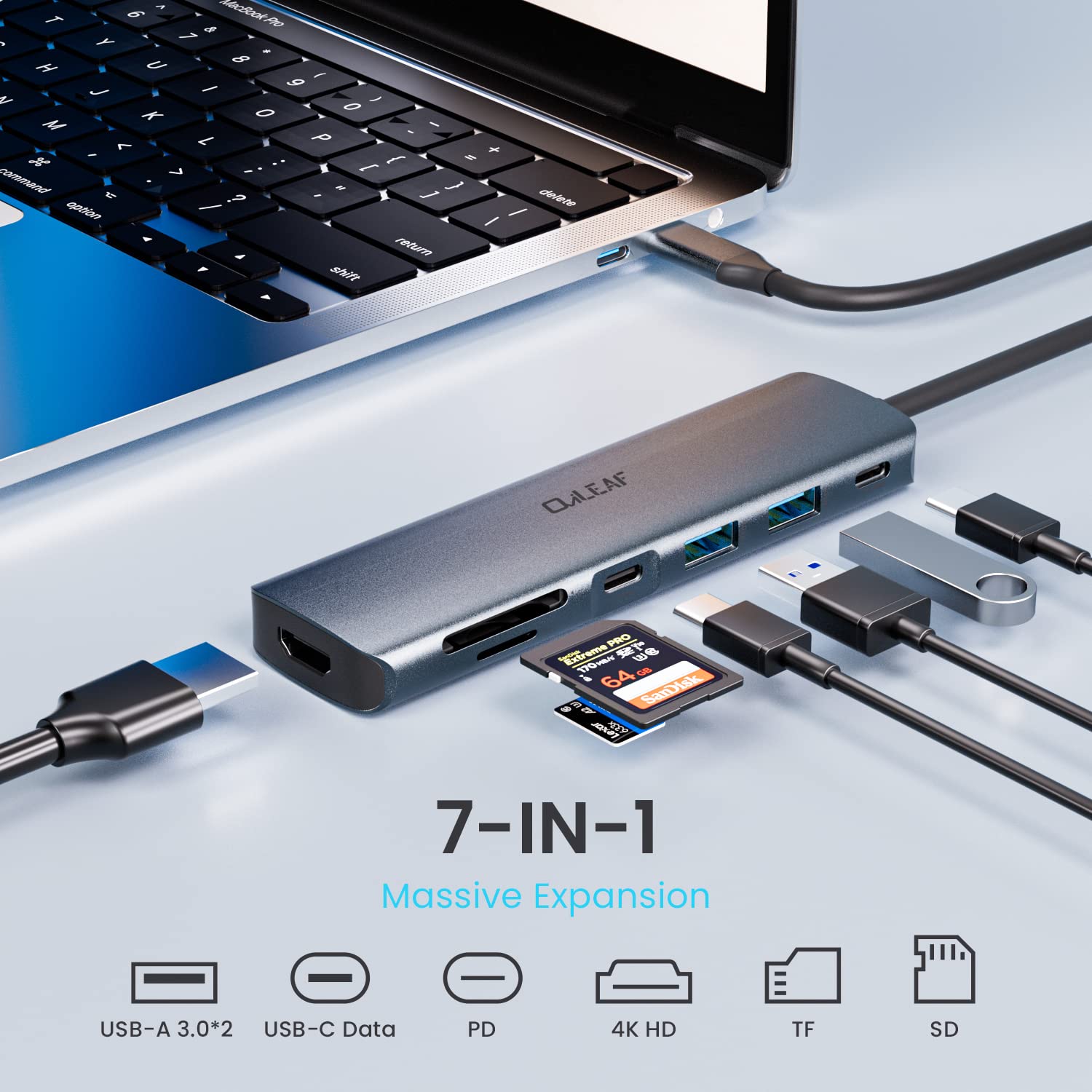 Ovileaf 7 in 1 USB-C Hub - Multiport Adapter with 2 USB 3.0, USB-C, 100W PD, SD/TF Card Reader, 4K HDMI, Docking Station for MacBook, iPad Pro, Windows & Switch