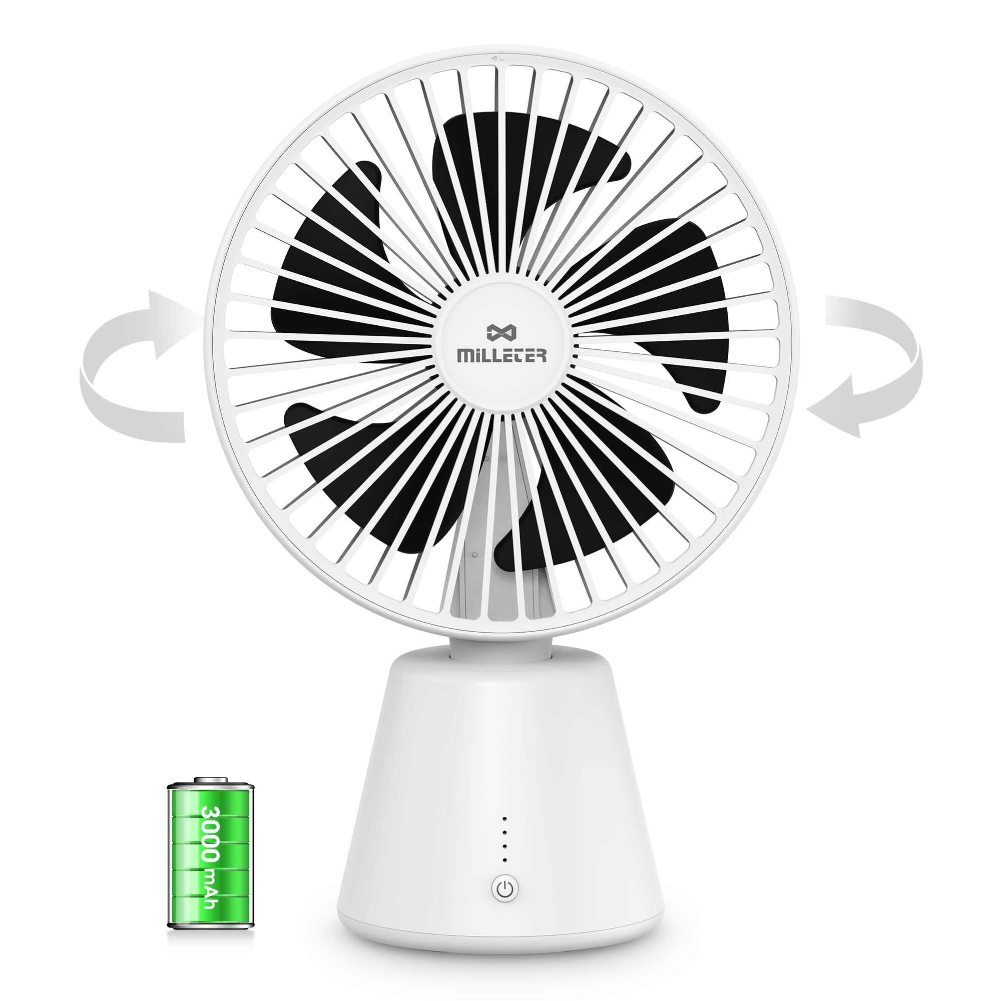MILLETER USB Desk Fan, 3000mAh Rechargeable Oscillating Table Fan, 6.7 Inch Portable Desktop Fan with 3 Speeds Strong Airflow, Quiet Small Personal Fan for Home, Office, Dorm, Camping