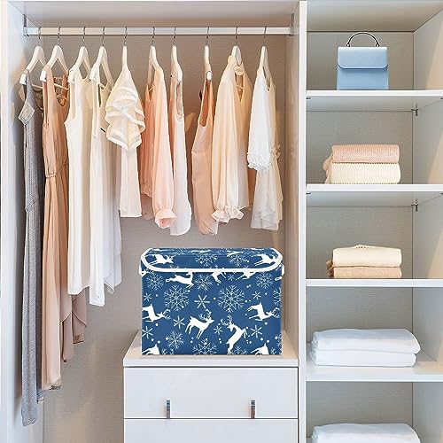 Krafig Foldable Storage Box Large Cube Organizer Bins Forest Animals Deer Blue Containers Baskets with Lids Handles for Closet Organization, Shelves, Clothes, Toys
