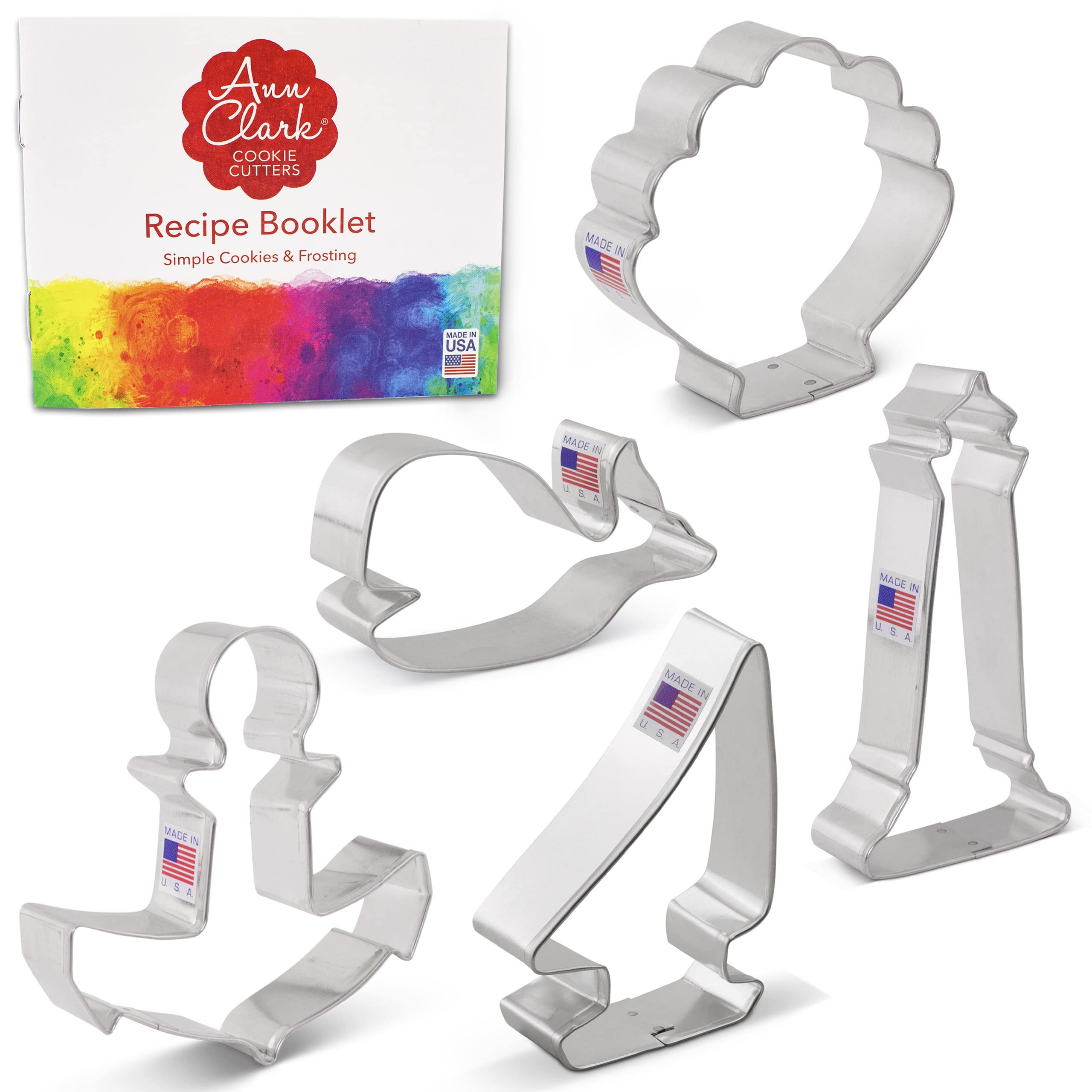 Nautical Ocean Cookie Cutters 5-Pc. Set Made in USA by Ann Clark, Anchor, Sailboat, Lighthouse, Seashell, Whale