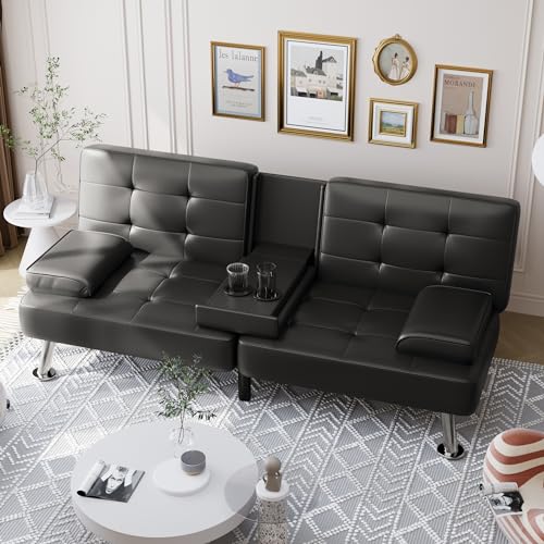 Shahoo Convertible Folding Futon Sofa Bed Sleeper Couch for Living Room Faux Leather Upholstered Loveseat w/Removable Armrests, Metal Legs, 2 Cup Holders, Black