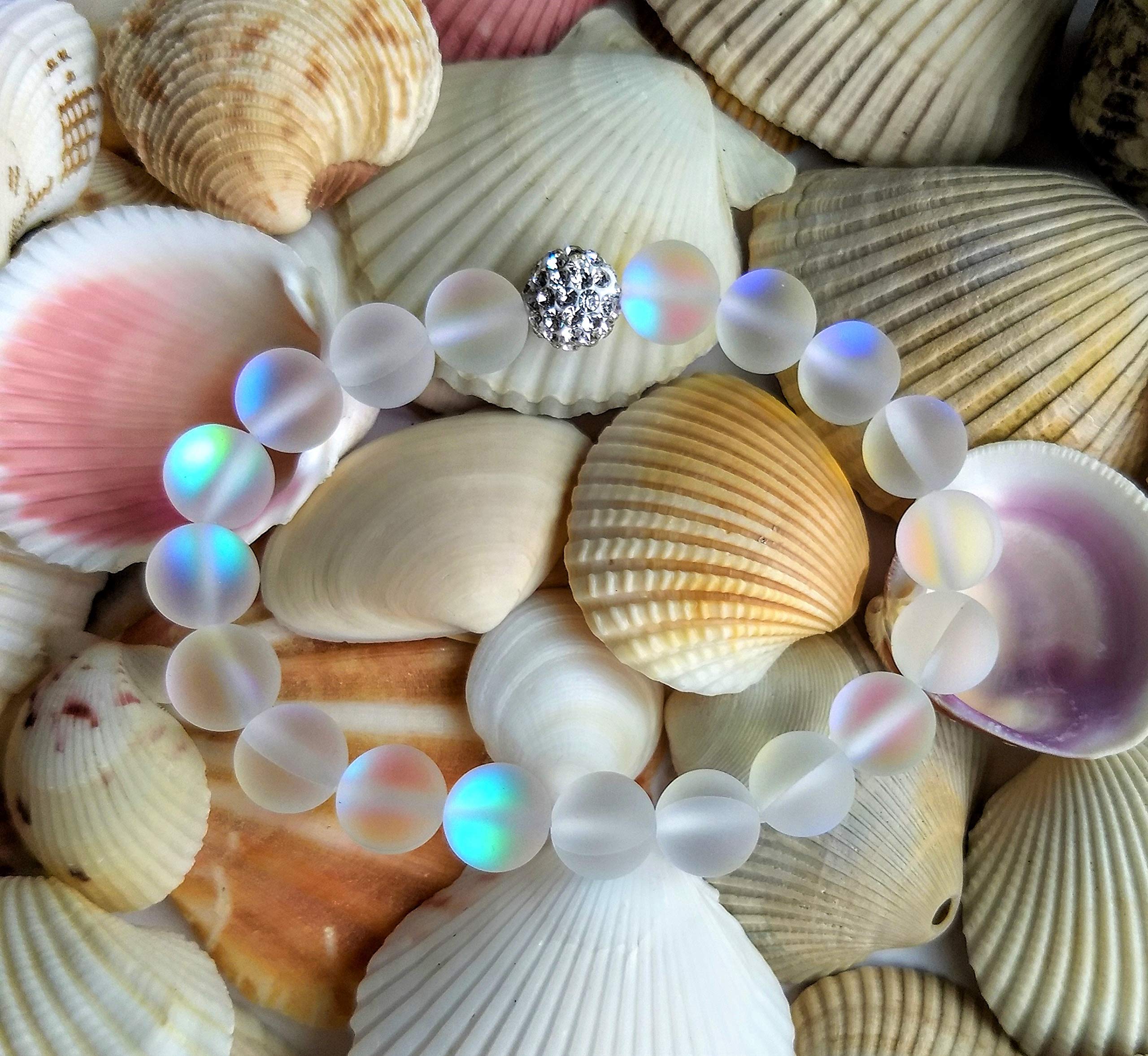 Hope Inspired Mystic Mermaid Glass Friendship Bracelet with 8 mm Frosted White Glowing Moonstone Beads