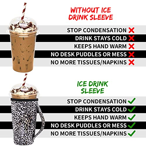 TIESOME Reusable Iced Coffee Sleeves, Leopard Print 3 Pieces Neoprene Cup Sleeve Coffee Cup Holder for Iced & Hot Drinks Beverages Sleeve for Most Coffee S+M+L 3 Size