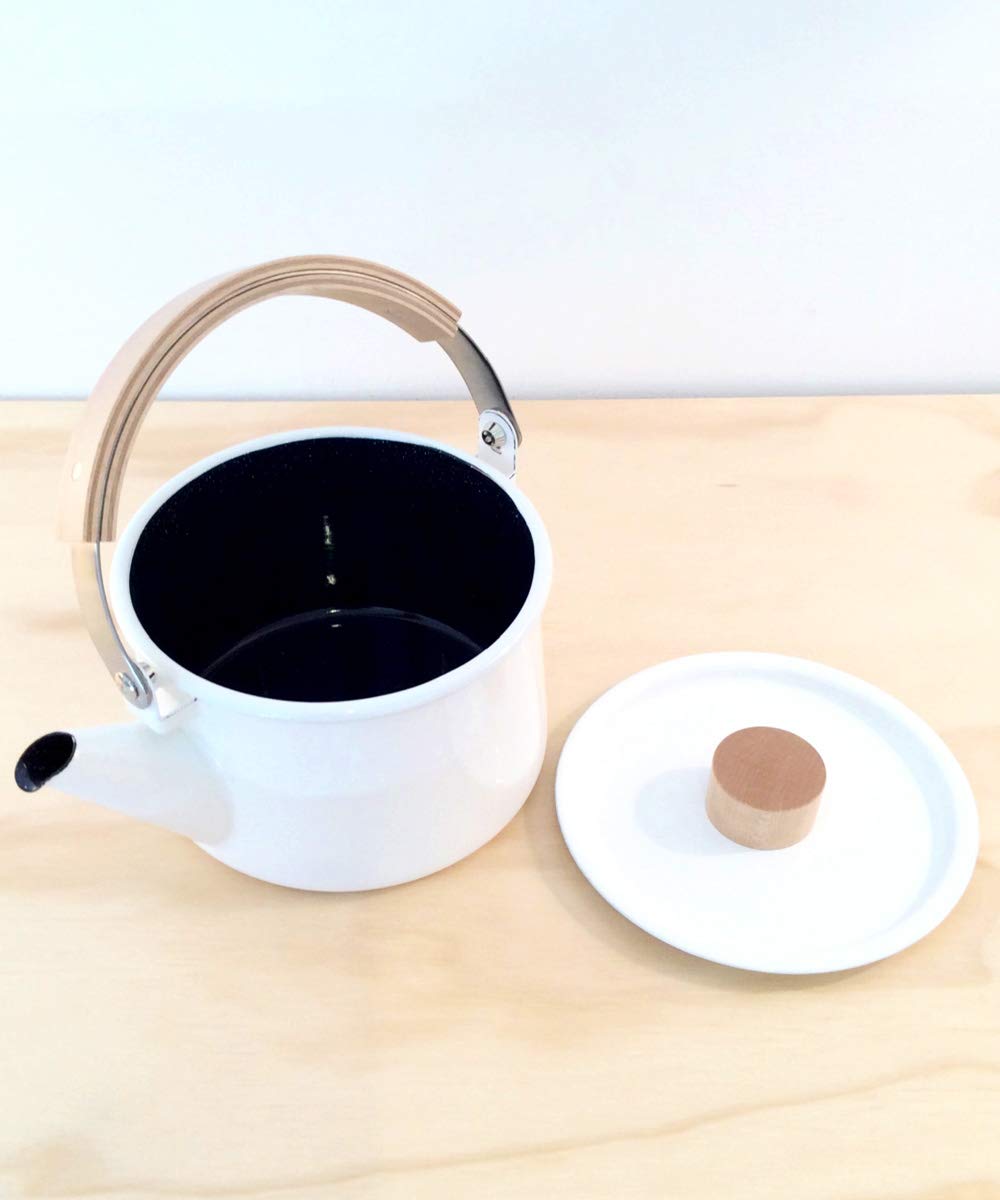 Kaico Kettle 1.45L(49oz) By Makoto Koizumi Spotless Enamel-Coated Steel Stunning Beech Wood Handle Maple Knob Clean Minimalist Design Brightening Kitchen