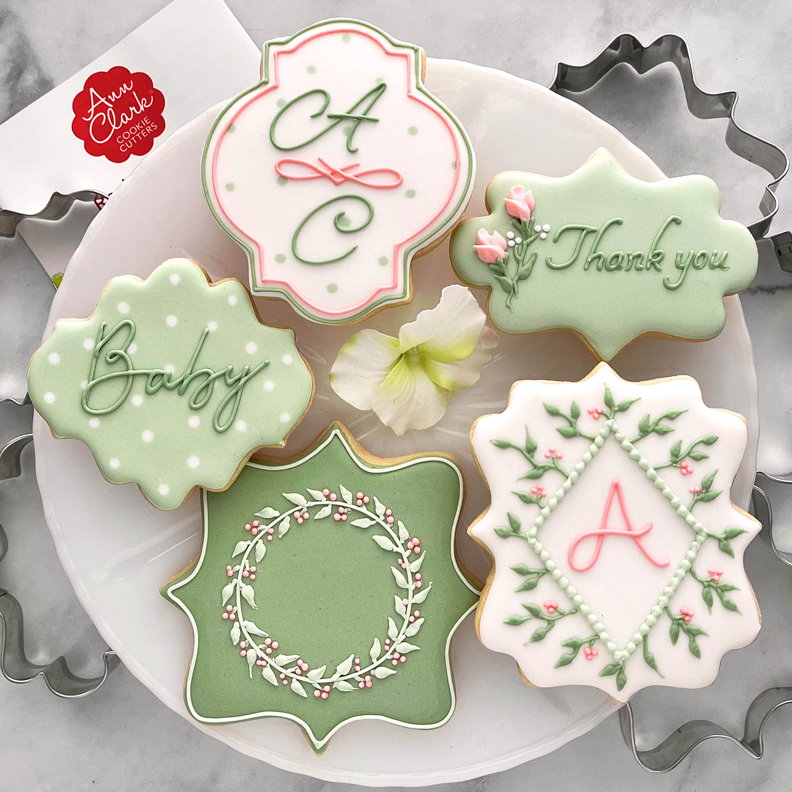 Plaque Cookie Cutters 5-Pc. Set Made in USA by Ann Clark, Square Plaque, Oval Plaque, Photo Plaque, Long Fancy Plaque, Square Plaque