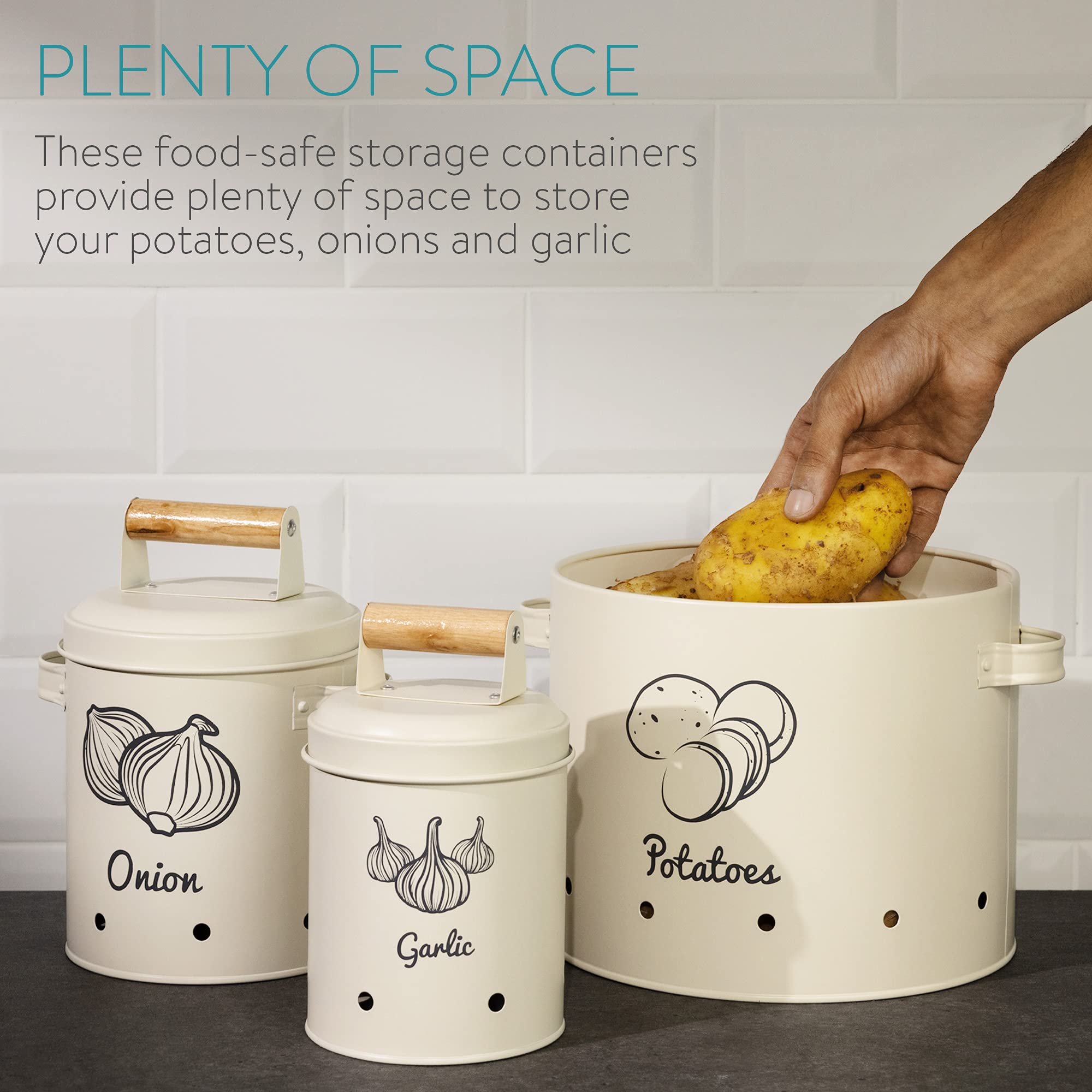 Navaris Vegetable Bins for Onions and Potatoes (Set of 3) - Potato Onion Garlic Storage Canisters Keeper Tin Containers with Wood Handles - Cream