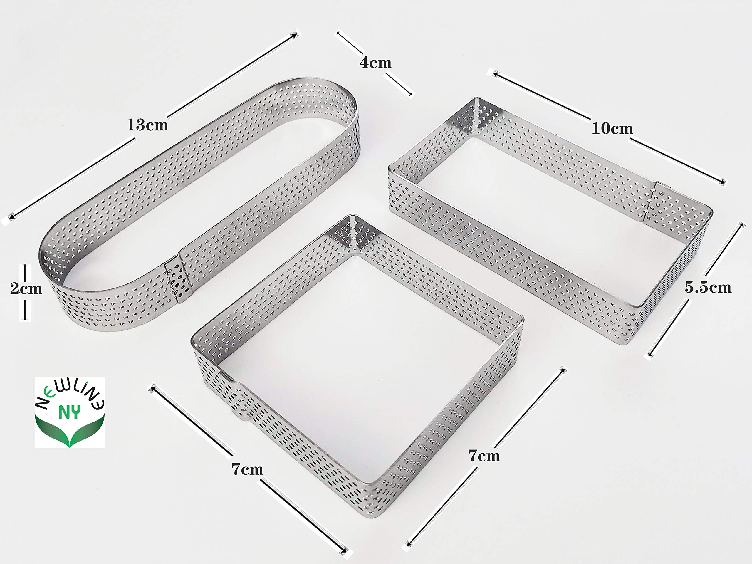 NewlineNY Stainless Steel 6 Pcs Perforated Oval Rectugular Square Tart Rings Molding Plating, Set of 6: 2 of each (13cm x 4cm 5" x 1.5") + (10cm x 5.5cm 4" x 1.5") + (7cm 2.8" square) x (2cm 0.8" H)