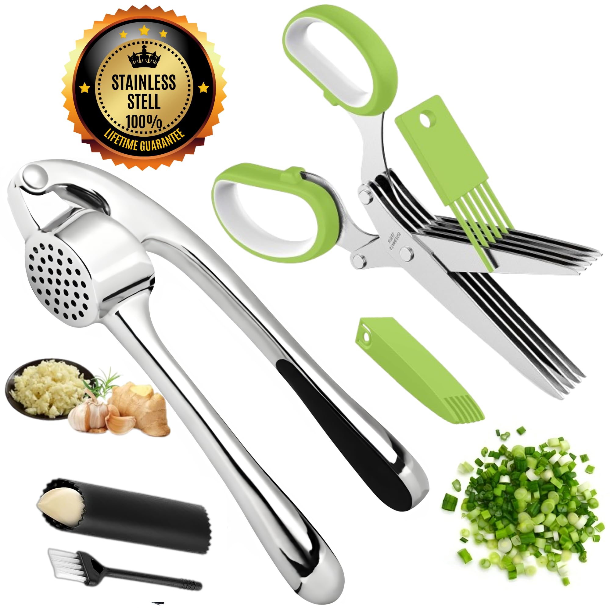 Premium Garlic Press Set - Easy to Squeeze Ergonomic Handle Garlic Crusher - Rust Proof & Dishwasher Safe Garlic Mincer Tool, Garlic Press Stainless Steel, Garlic Peeler & Brush (Chrome Silver)