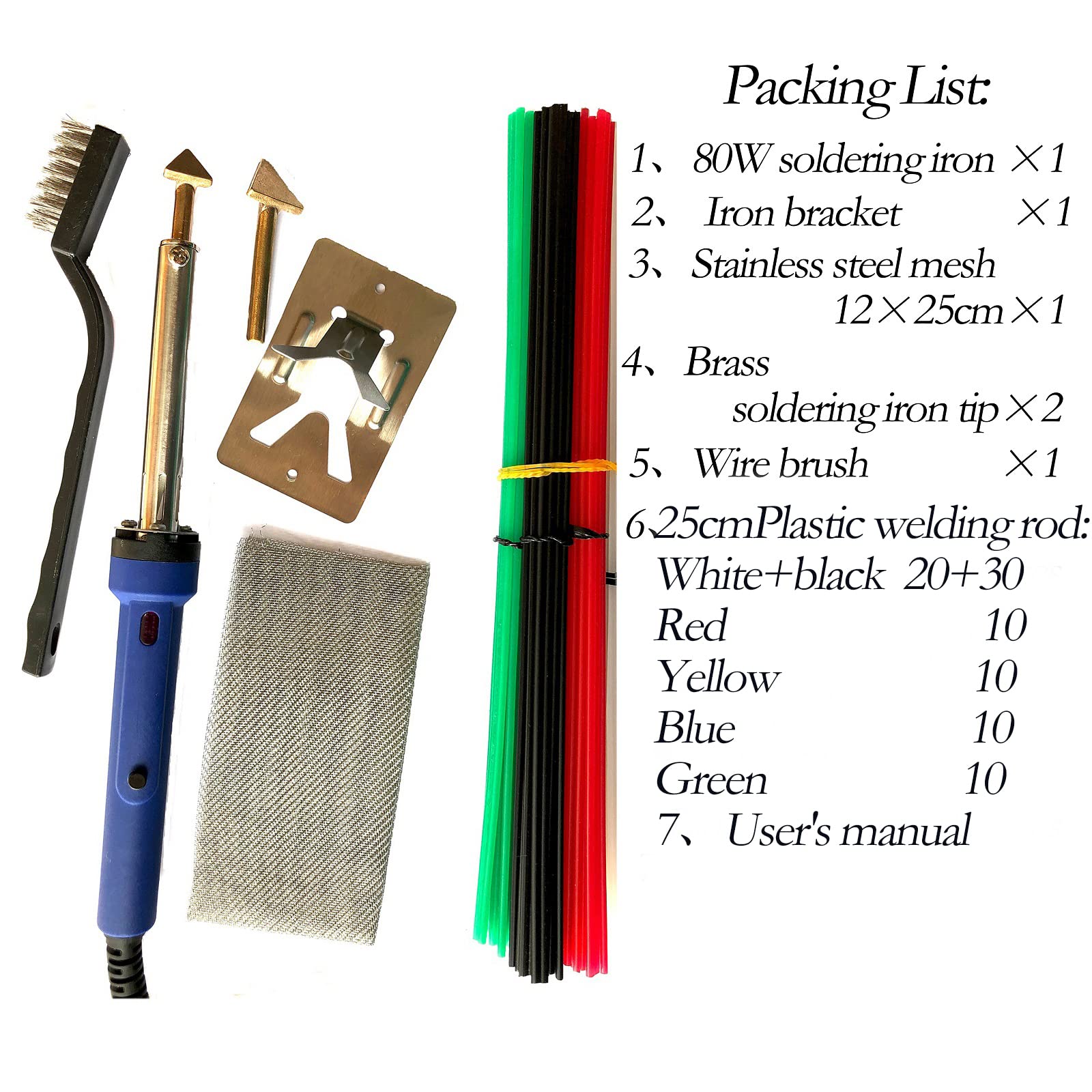 Plastic Repair Welding Kit, with 80W Iron, 90 Plastic Rods, 1 Metal Brush,1 Metal Stand,Reinforcing Mesh, 2 Welder Tips,for Car Bumper,Dashboard,Canoe,Kayak Repair Kit,Plastic Welder Kit for DIY