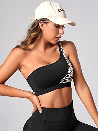 Milumia Women One Shoulder High Impact Sports Bras Leopard Print Workout Yoga Bra Crop Tank Top Black Medium