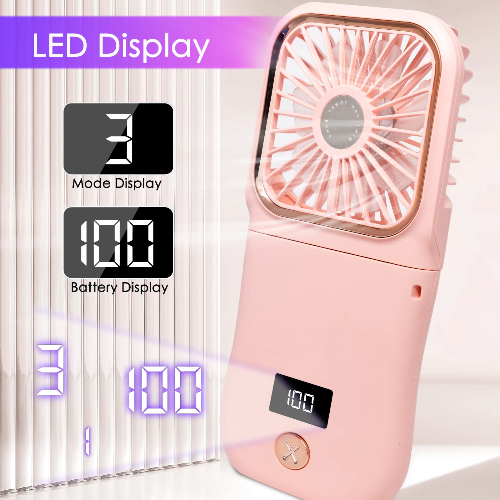 Portable Mini Fan, 3000mAh Battery Operated Fan, 3 Speeds Rechargeable Fan, Phone Bracket & Power Bank Function, Foldable Design, Power indicator - Handheld Cooling Fan for Quiet Use (Black)