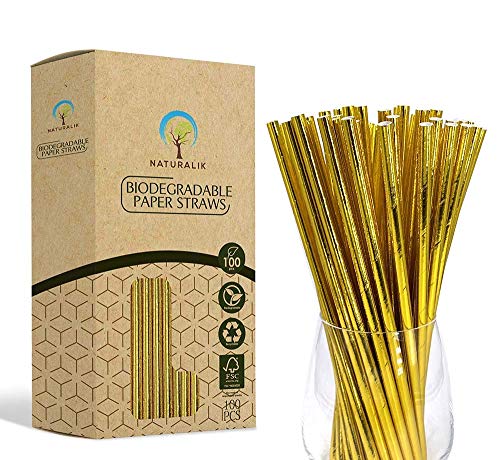 Naturalik 100-Pack Biodegradable Gold Paper Straws- Extra Durable Metallic Gold Drinking Straws- Gold Straws for Birthday, Wedding, Bridal/Baby Shower, Christmas celebrations, cake pops,Party Supplies