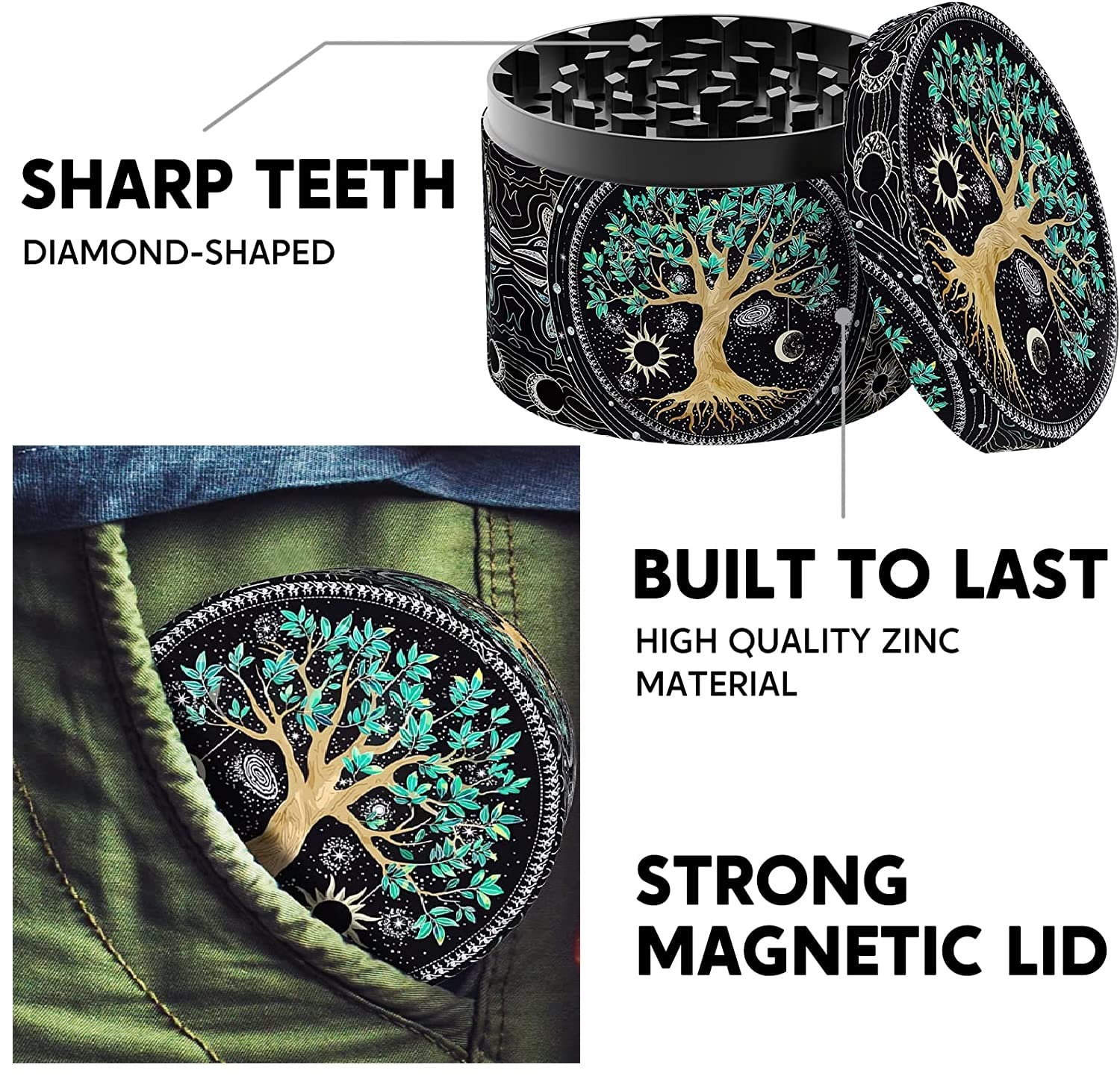 Large Grinder 2.5 inch Black ,Boho Aesthetic Tree of Life Grinder (Green)