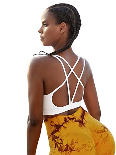 Milumia Women's Strappy Padded Sports Bras Criss Cross Back Running Yoga Bra Workout Tops White Medium