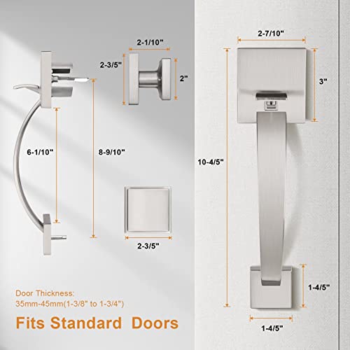 Tinewa Main Front Door Handle with Knob Inside, Low Profile Front Door Lock Handleset with Halifax Satin Nickel Finish, Reversible for Right and Left Handed,